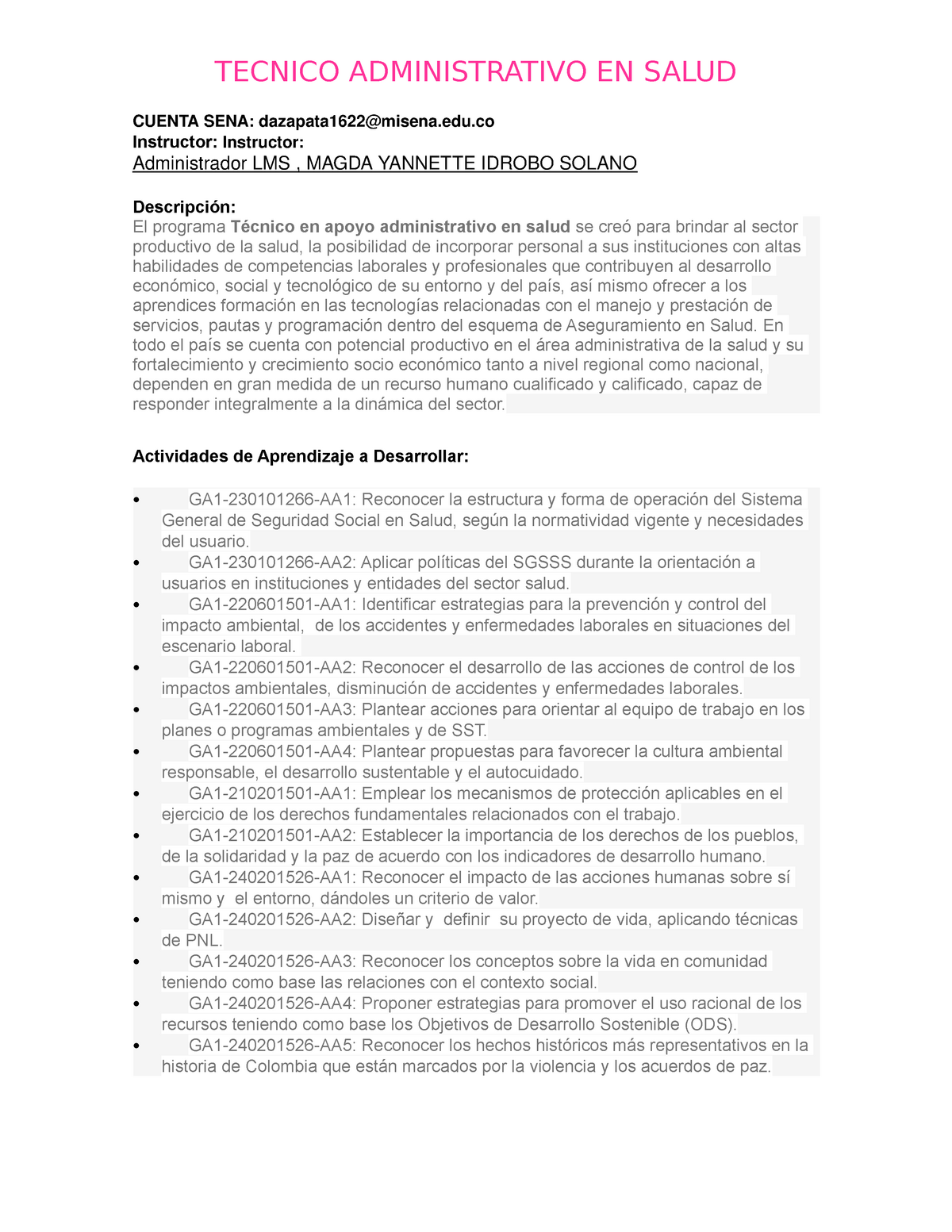 Apoyo Administrativo En Salud Cuenta Sena Dazapata1622