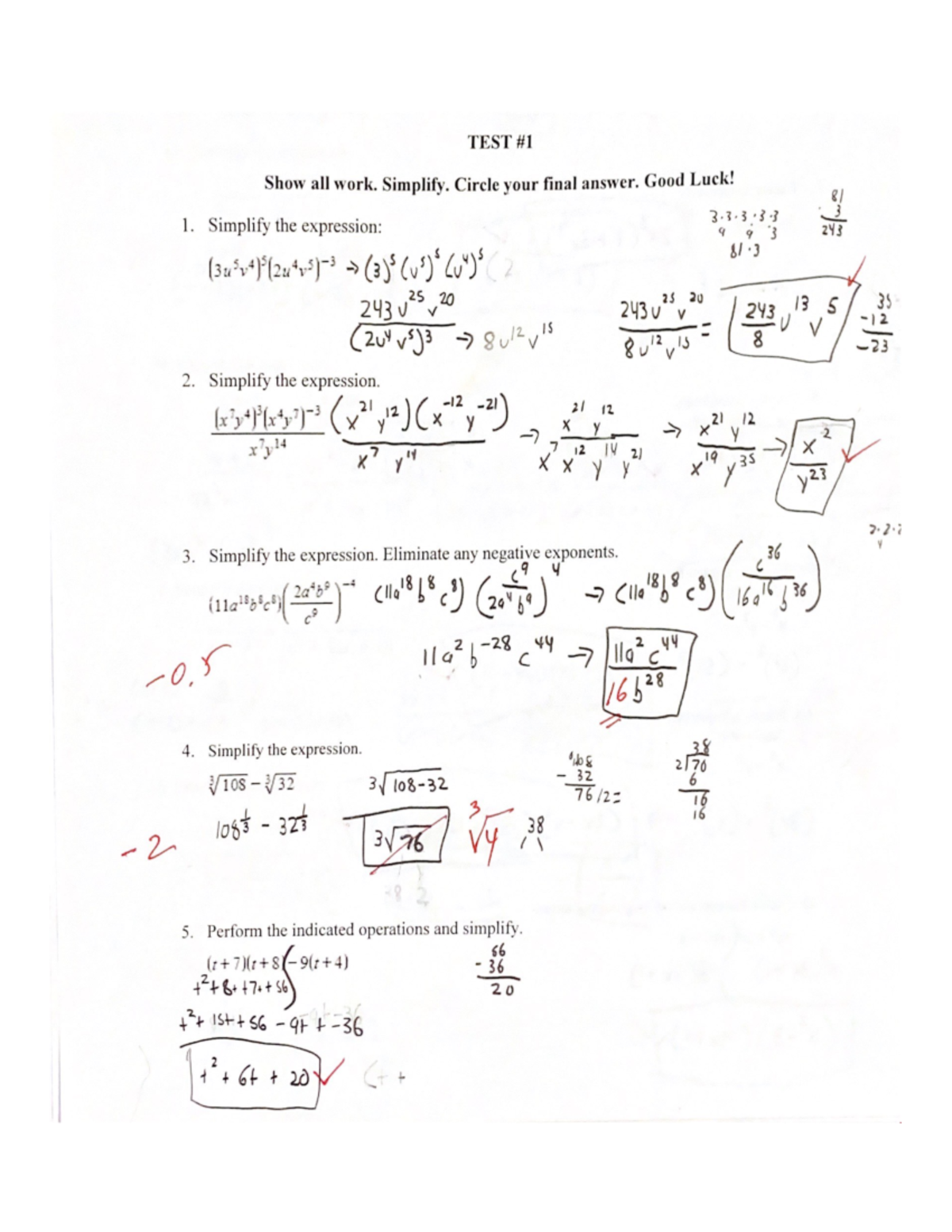 Pre Calc Test 1 Exam One Of Precalculus Test Show All Work