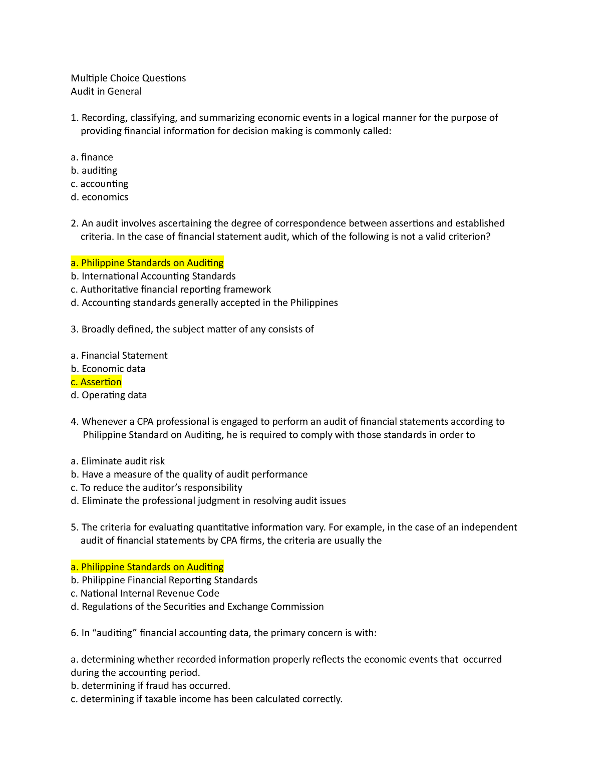 Auditing Overview Multiple Choice Questions Audit In General 1