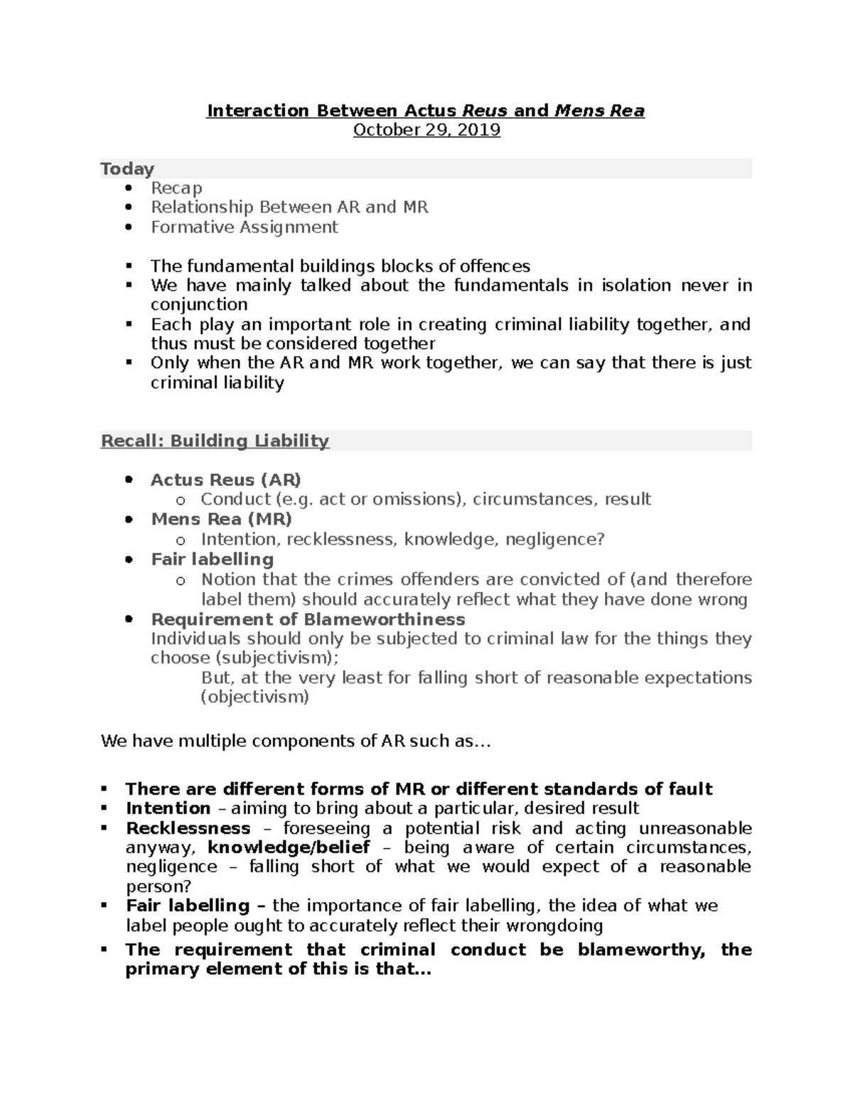 Lecture 6 Interaction Between Actus Reus And Mens Rea Interaction