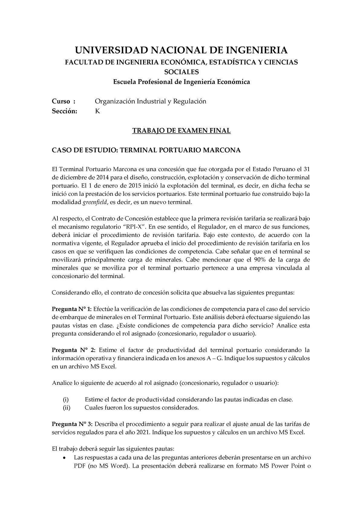 Examen Final Sección K 2023 Universidad Nacional De Ingenieria