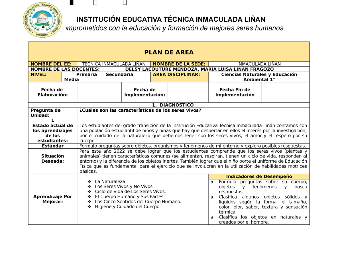 Malla Curricular Ciencias Naturales Grado Primero Comprometidos Con