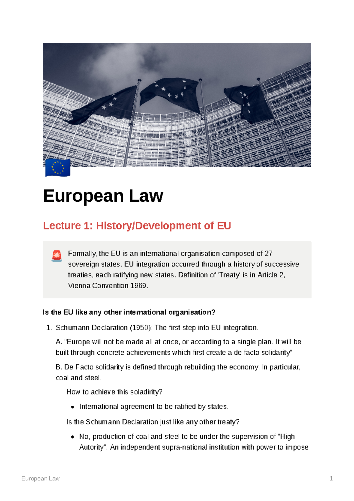 Eu Law Complete Lecture Notes European Law Lecture 1 History