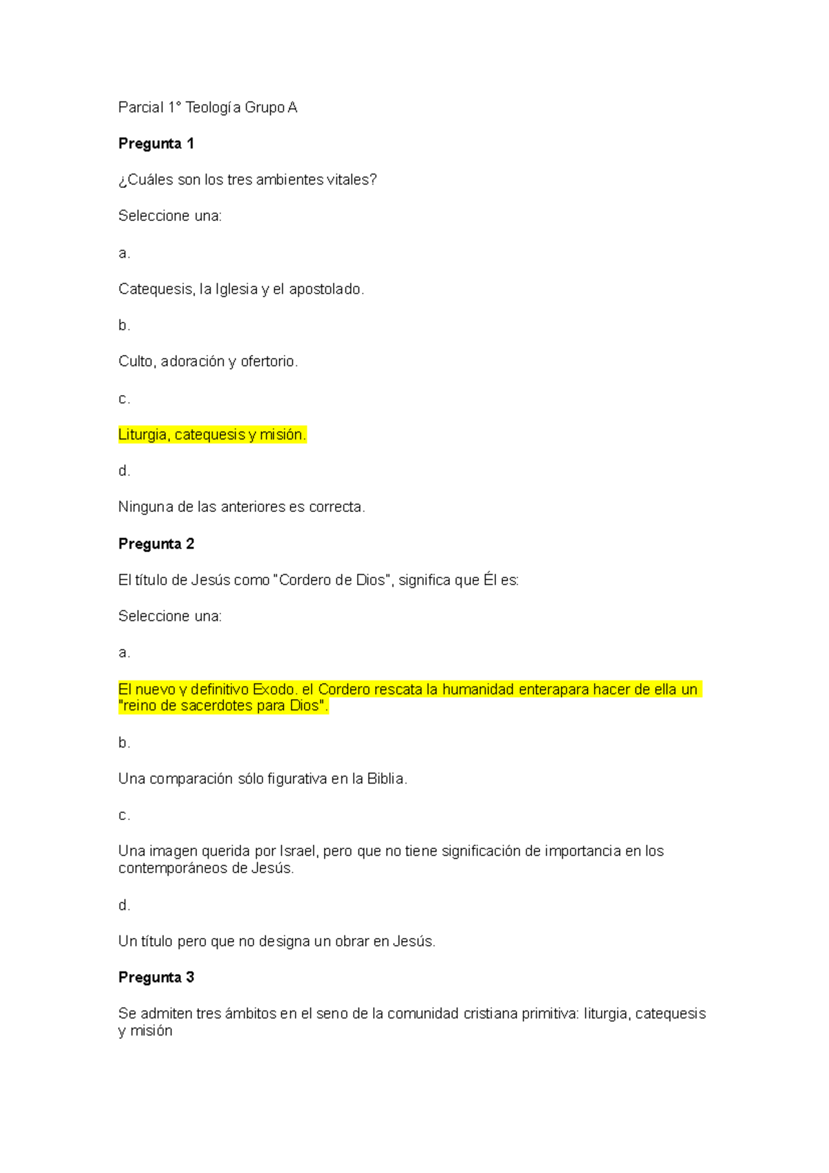 Parcial 1 Respuestas Correctas Subrayadas Parcial 1° Teología Grupo