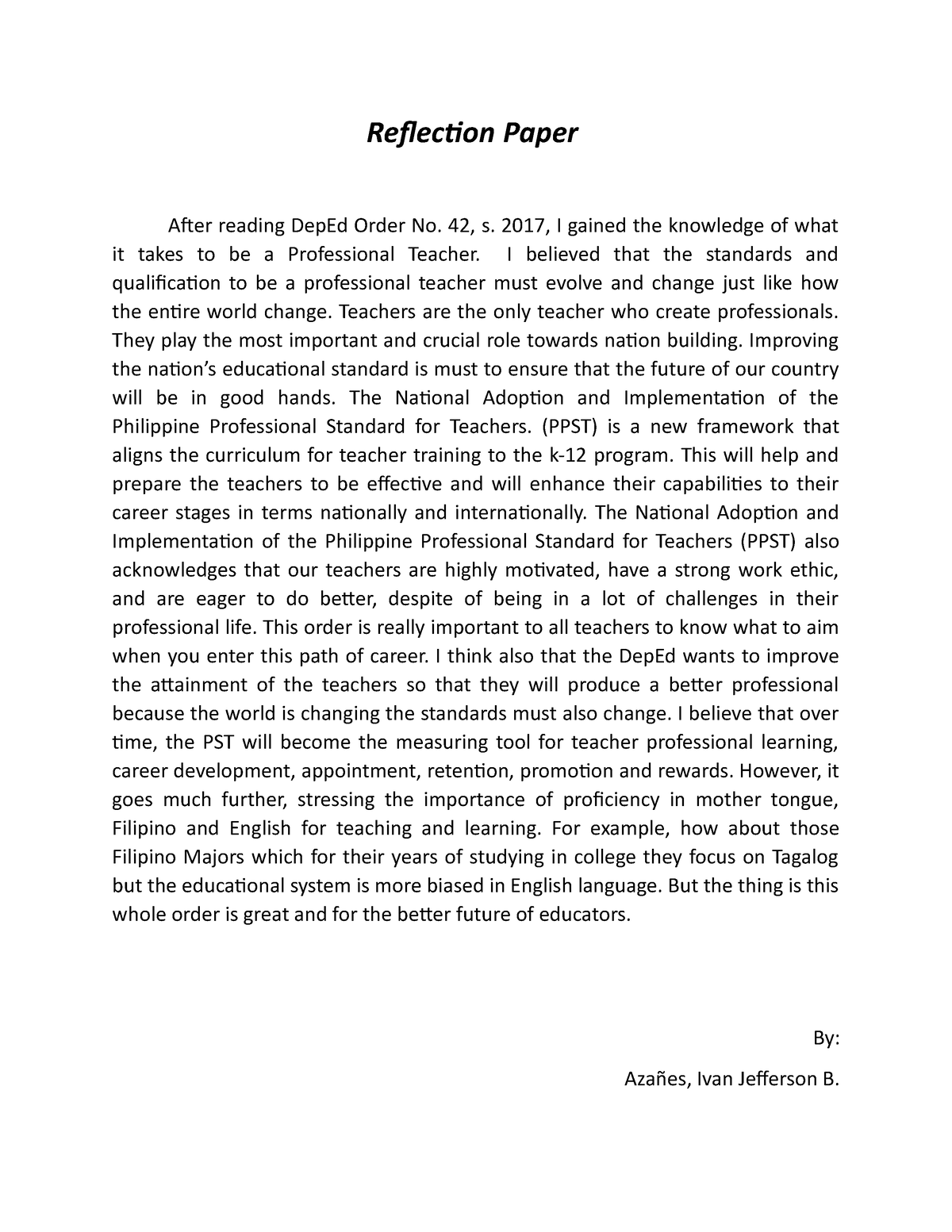 Reflection Paper Fgfdg Reflection Paper After Reading Deped Order