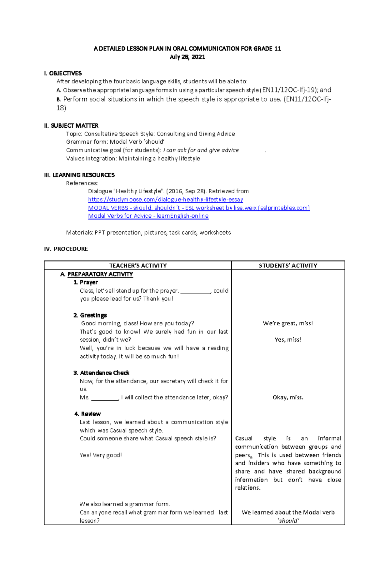 A Detailed Lesson Plan In Oral Communication For Grade 11 A Detailed