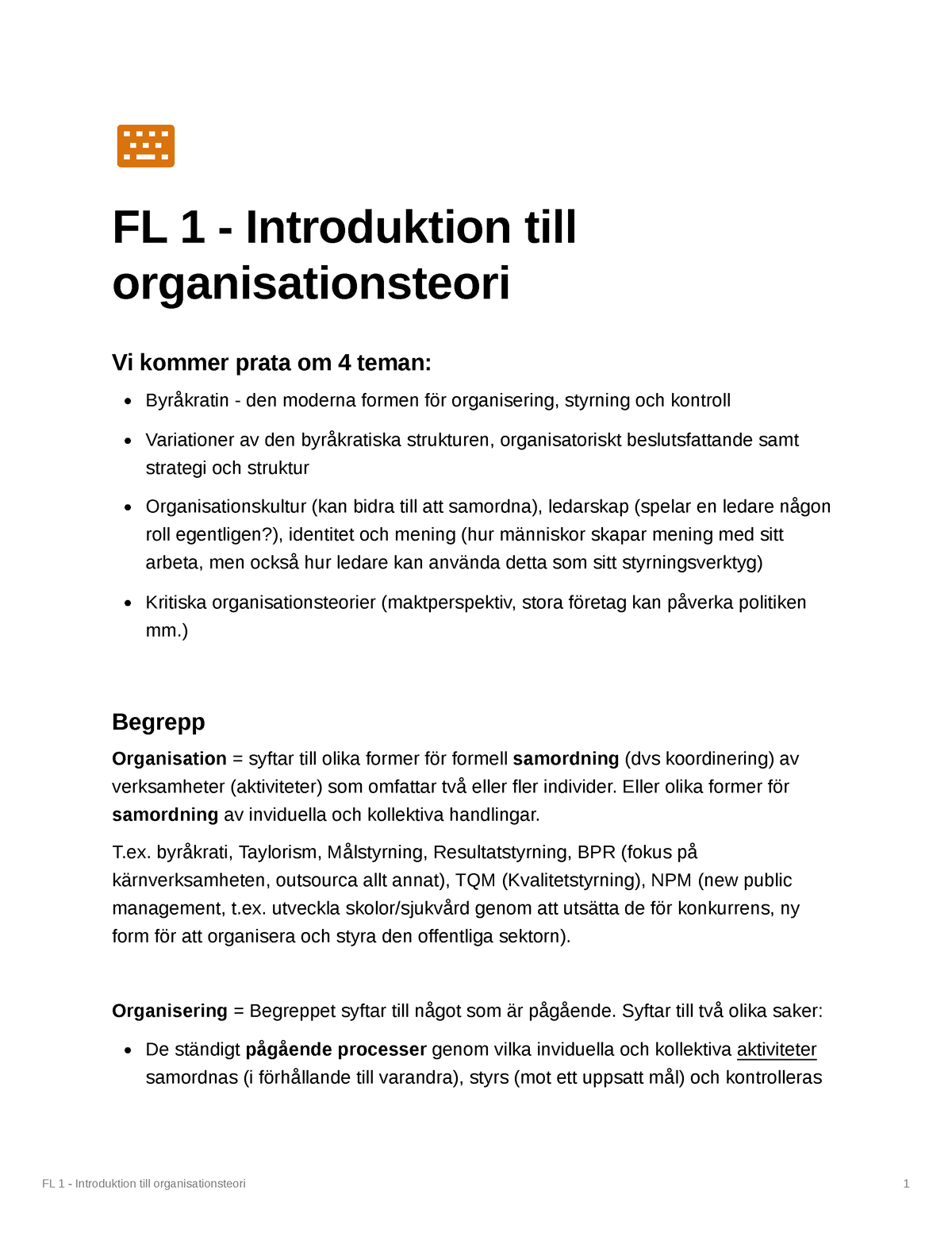 Fl 1 Introduktion Till Organisationsteori Begrepp Organisation