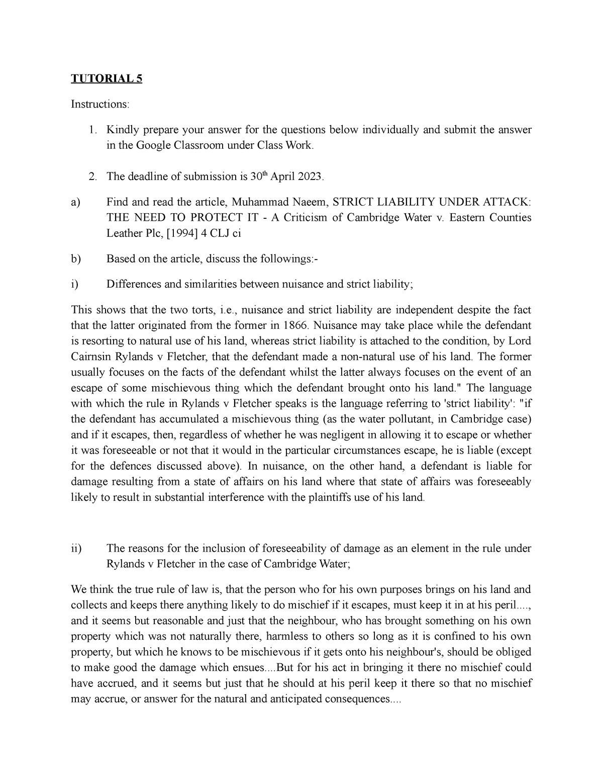 Tutorial 5 Week 7 Law Of Torts Ii Mmu Studocu