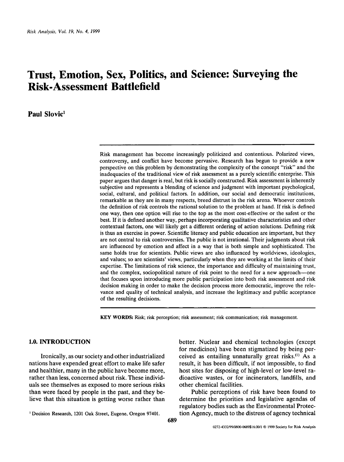 Week2 Slovic Trust Emotion Sex Politics And Science Surveying The