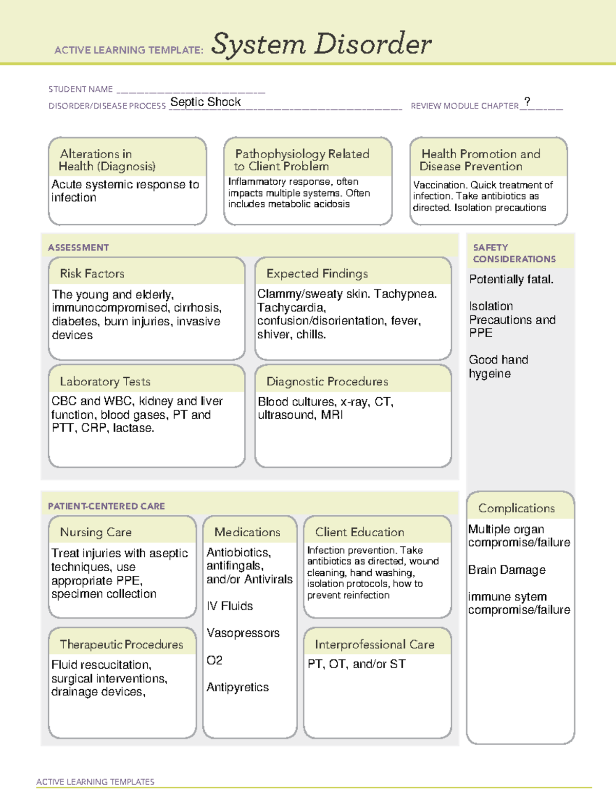 Sepsis Active Learning Templates System Disorder Student Name Studocu