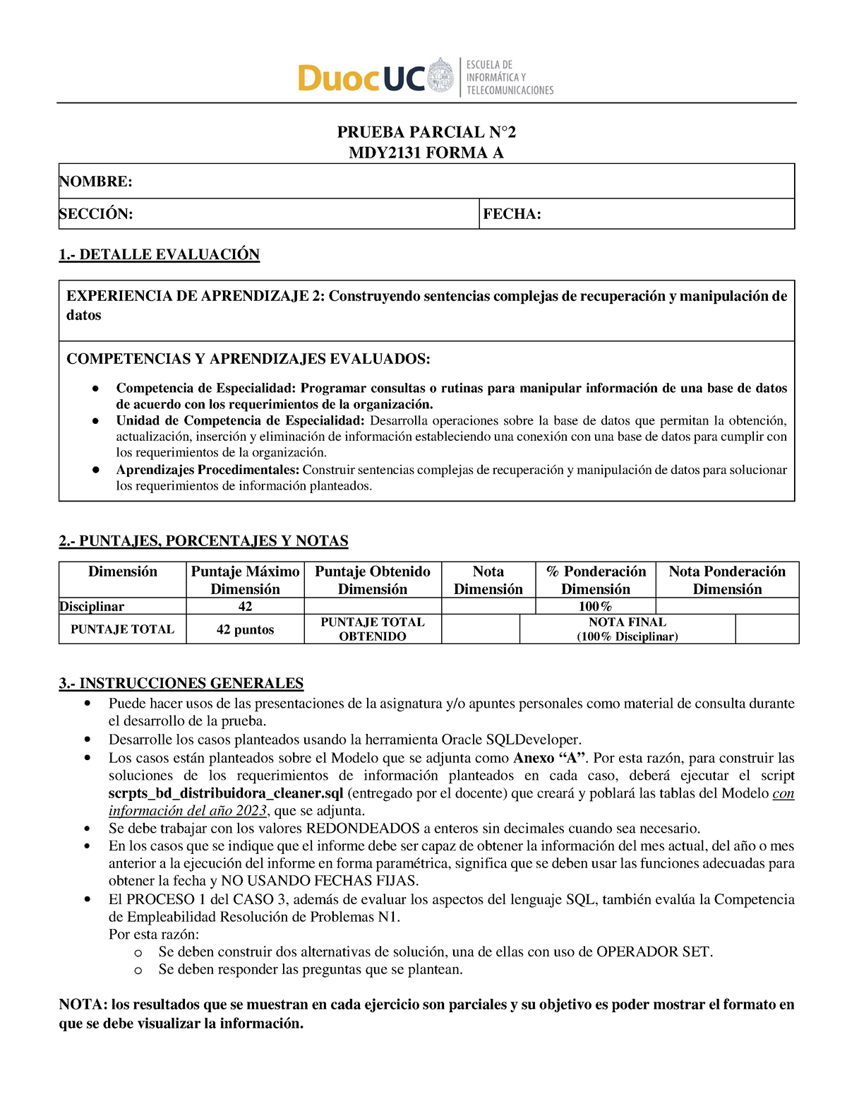 Prueba N°2 Msy2131 Prueba Parcial N° Mdy2131 Forma A Nombre SecciÓn