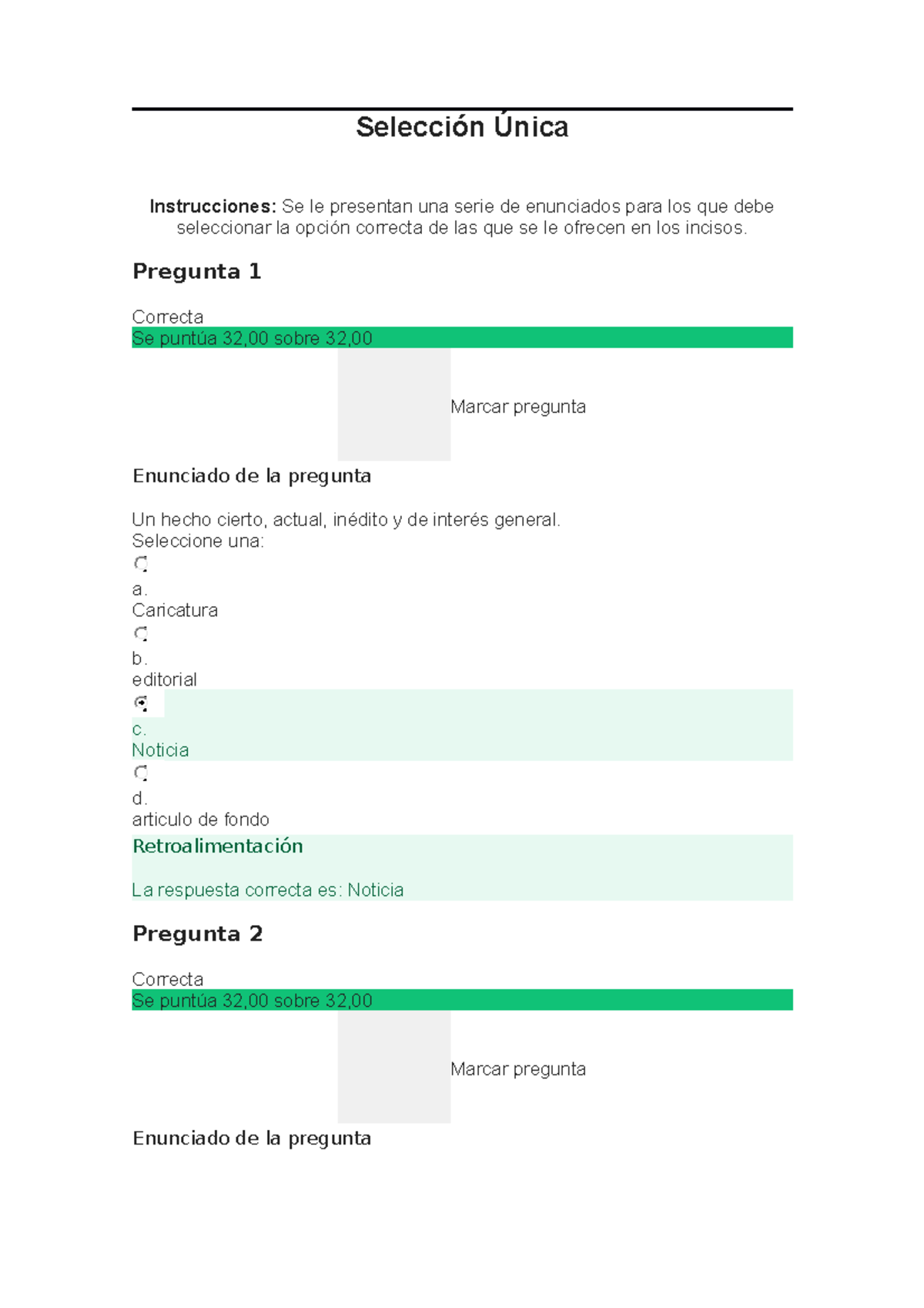 Selección Única Actividad De Español Selección Única Instrucciones