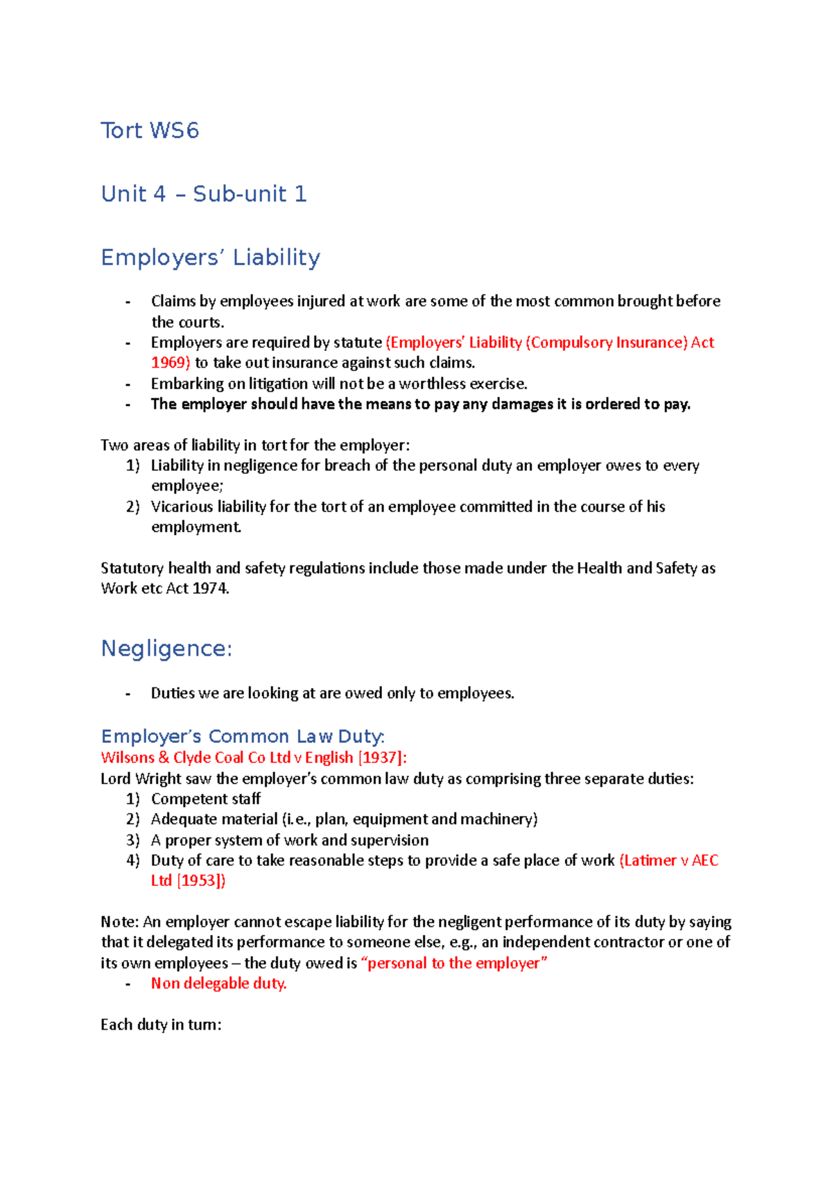 Tort Ws6 Ww Tort Ws Unit 4 Sub Unit 1 Employers Liability