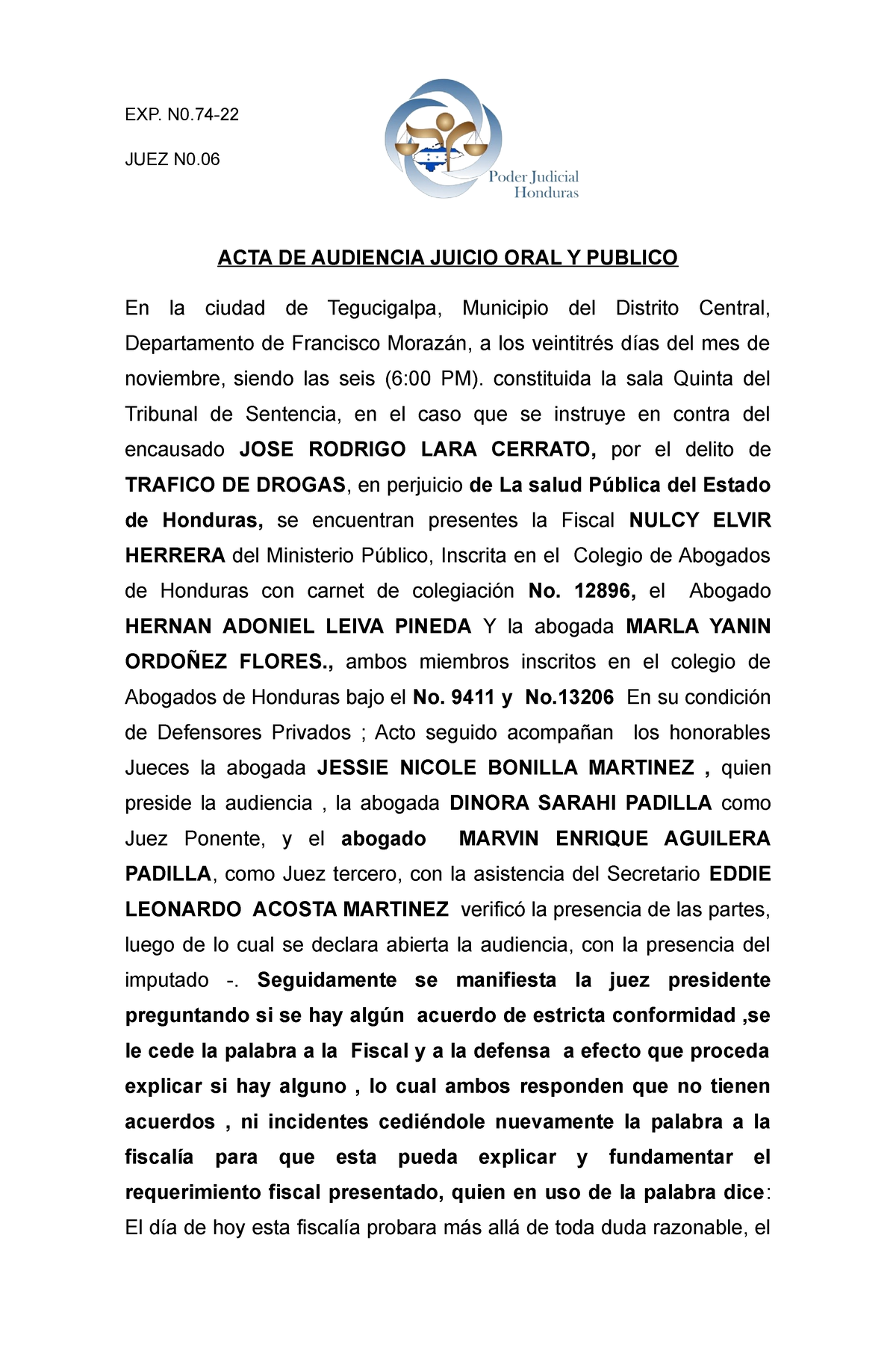 Acta Audiencia Juicio Oral Exp N0 Juez N0 Acta De Audiencia Juicio