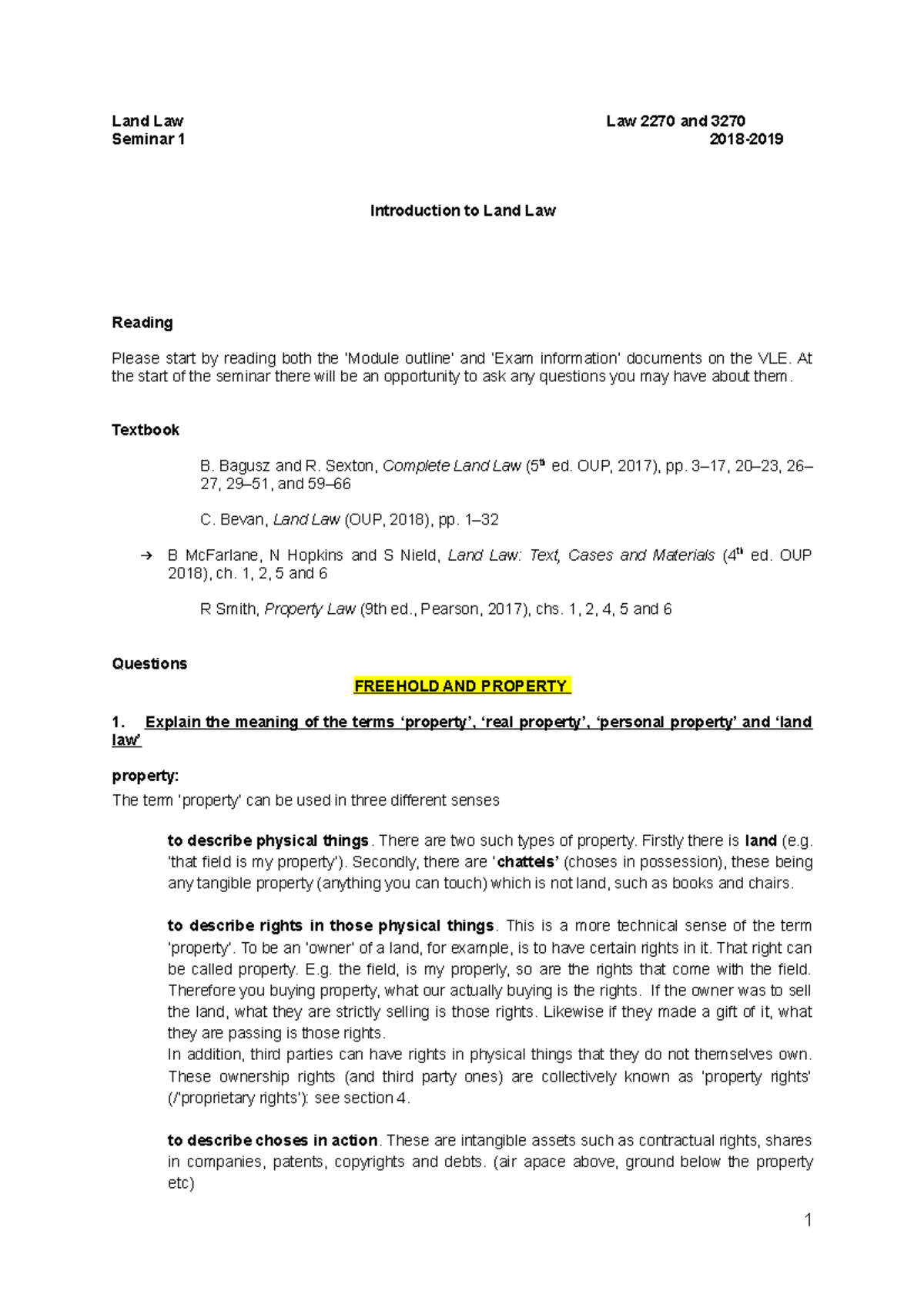 Seminar 1 Into To Land Law Land Law Law 2270 And 3 270 Seminar 1