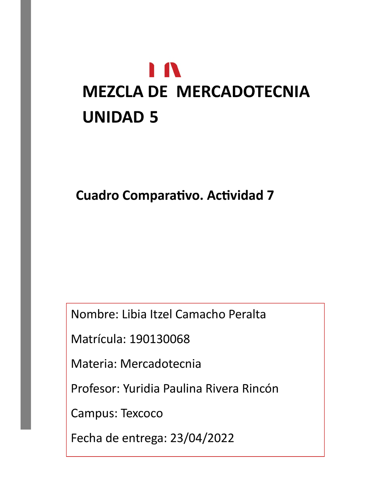 Cuadro Comparativo Mezcla De Mercadotecnia Unidad 5 Cuadro