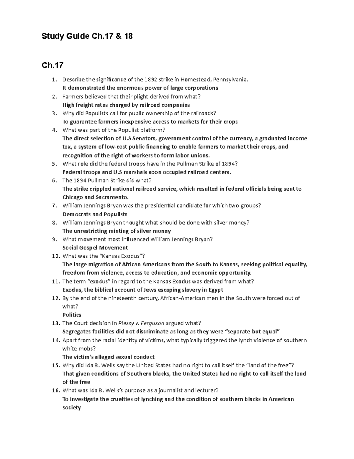 Ch17 18 Study Guide Study Guide Ch And 18 Ch Describe The