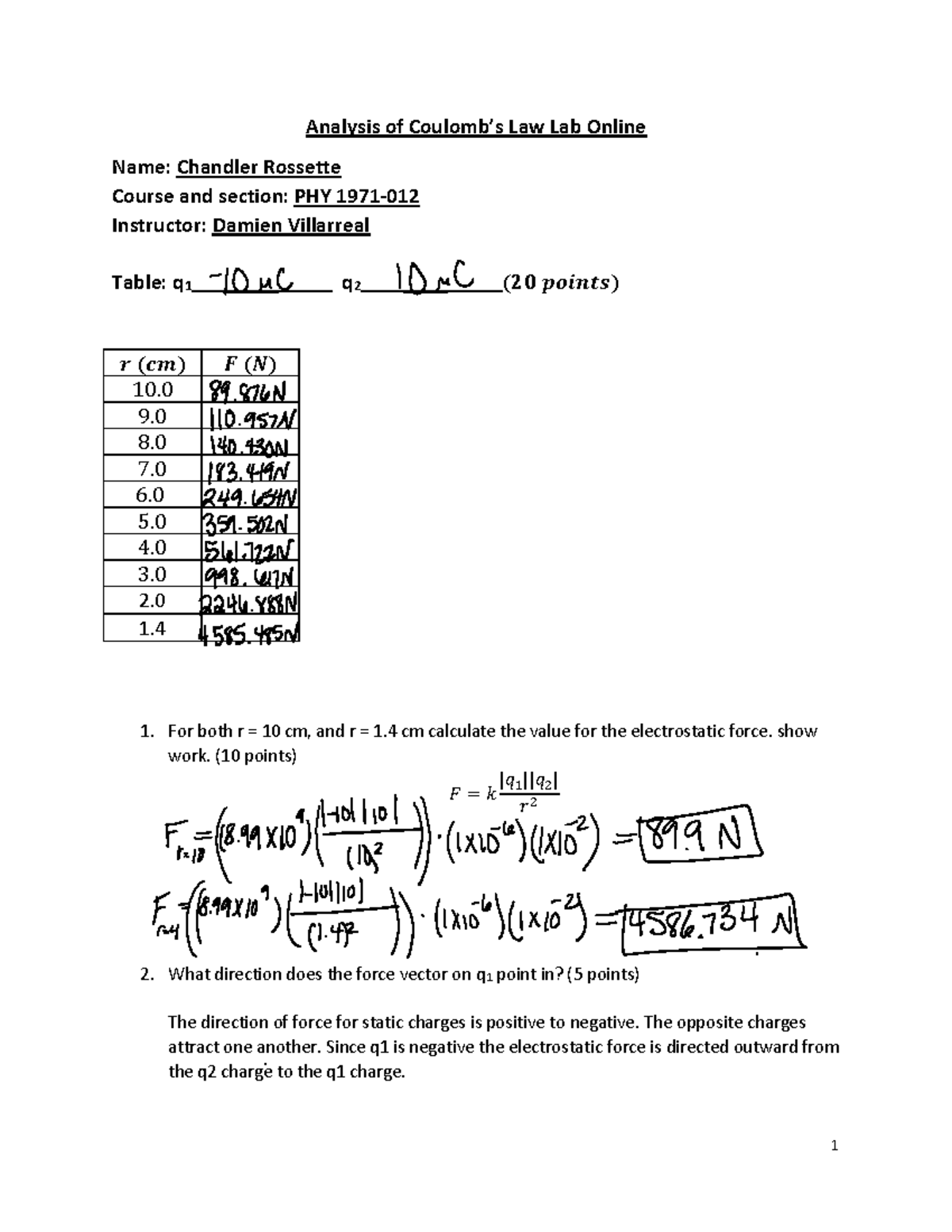 Fall2023 Coulombs Law Lab Online 1 Analysis Of Coulombs Law Lab