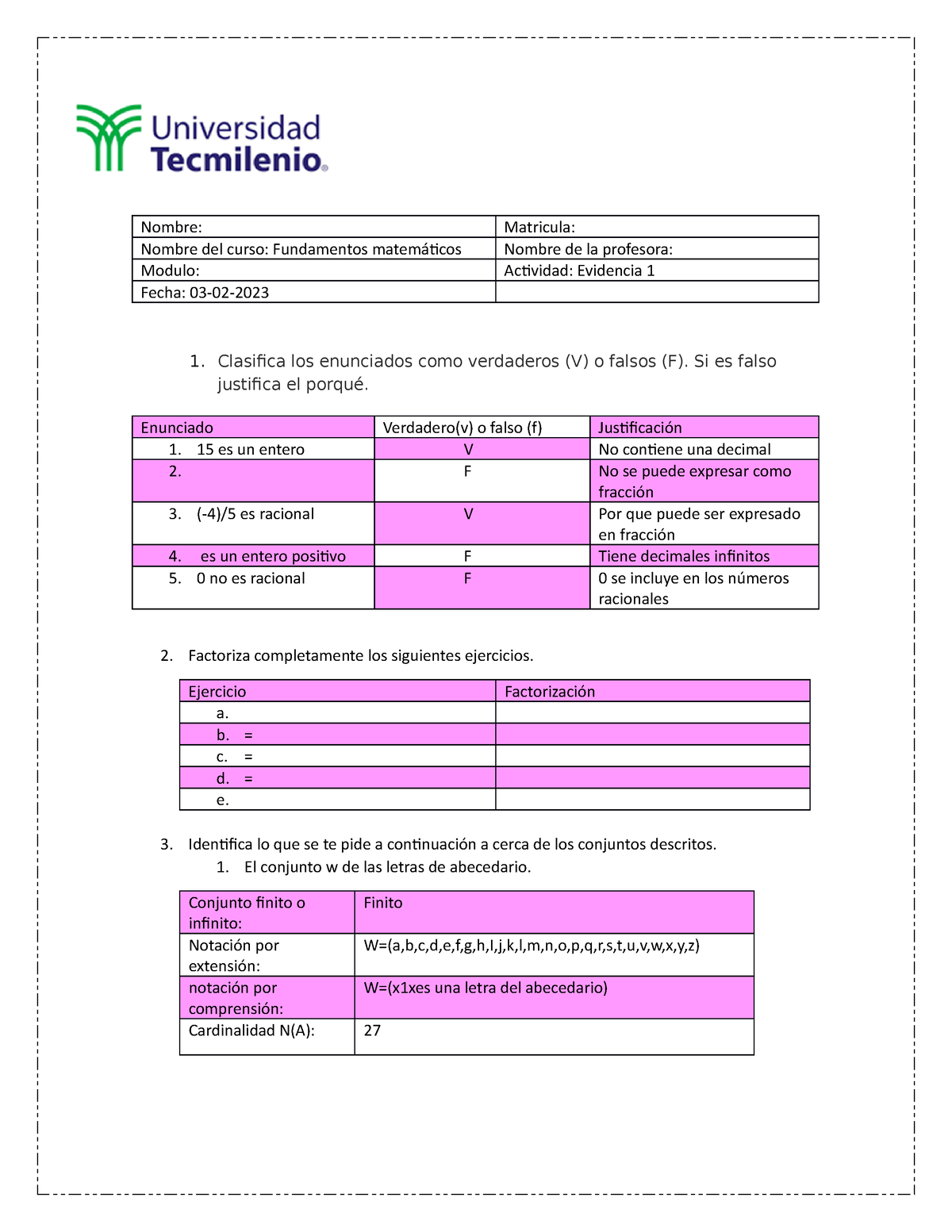 Evidencia 1 Fundamentos Matematicos Nombre Matricula Nombre Del