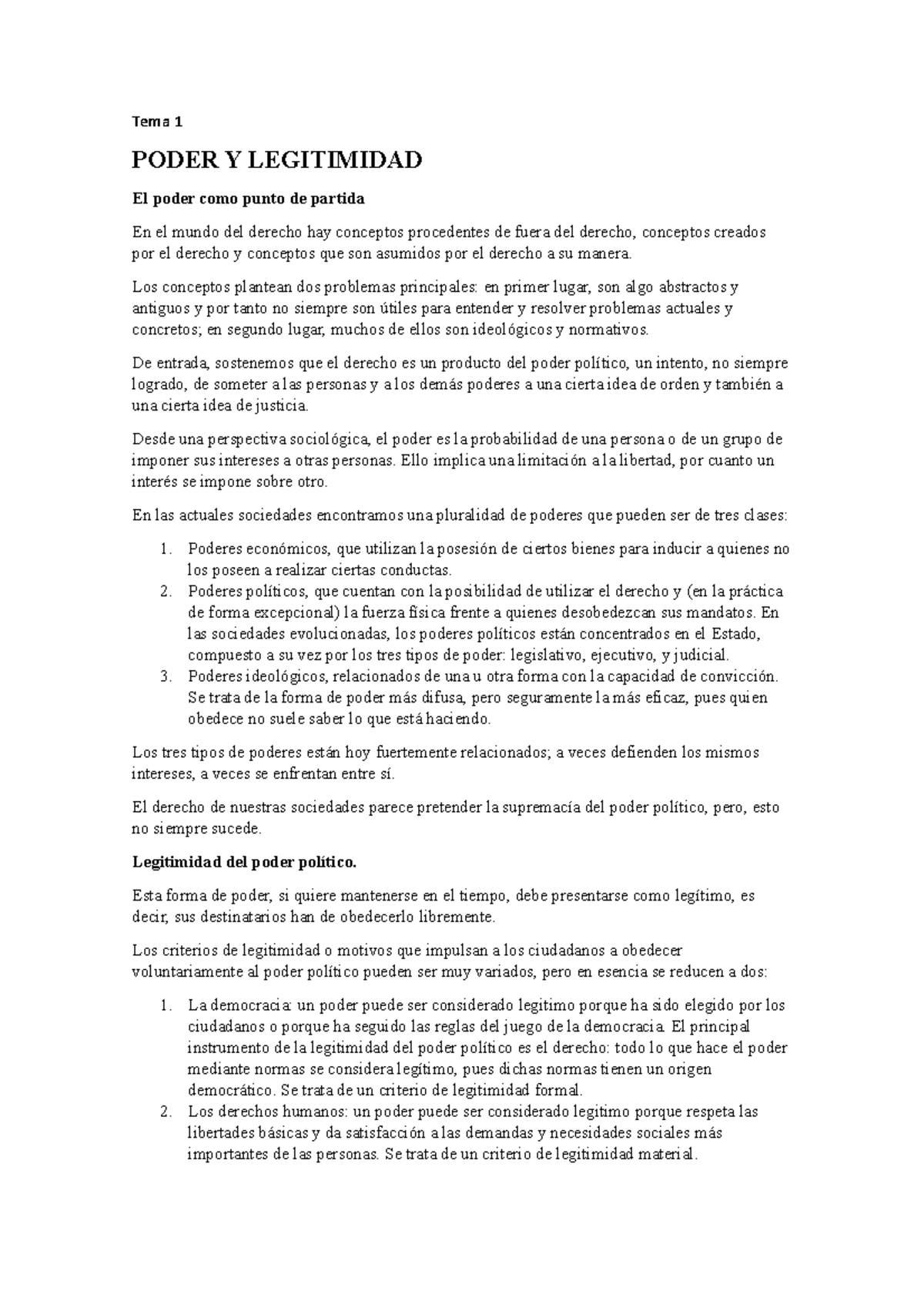 Tema 1 Derecho Resumido Tema 1 Poder Y Legitimidad El Poder Como