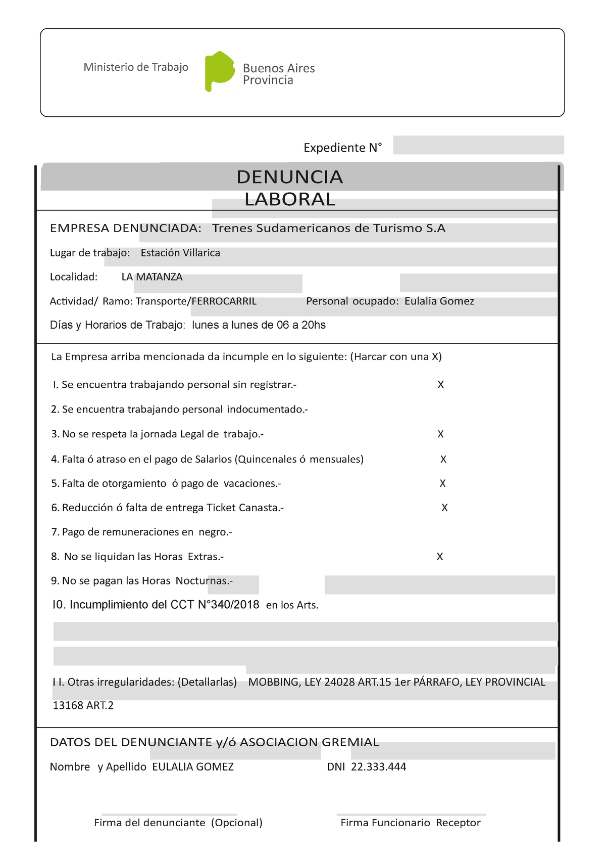 Planilla Denuncia Laboral Ministerio De Trabajo Prov Bsas