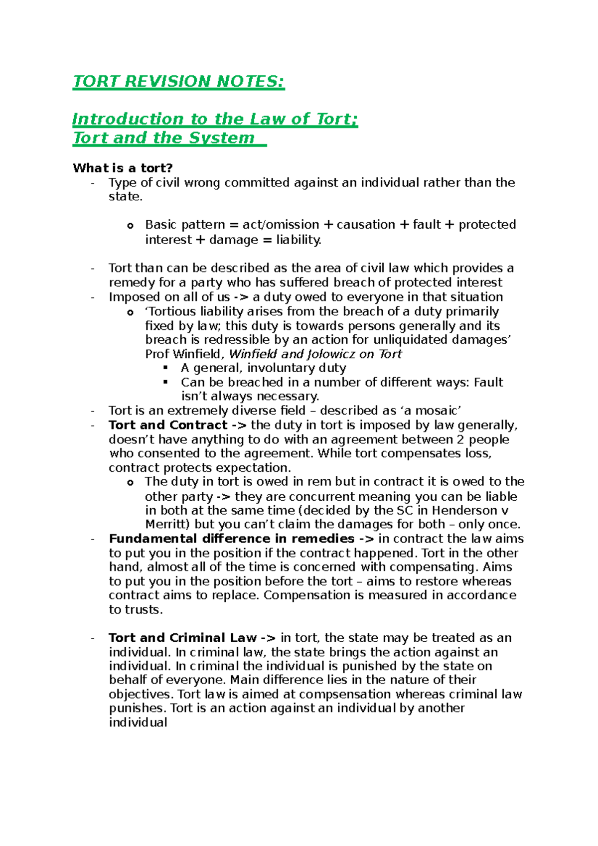 Tort Law Revision Notes 21 Tort Revision Notes Introduction To