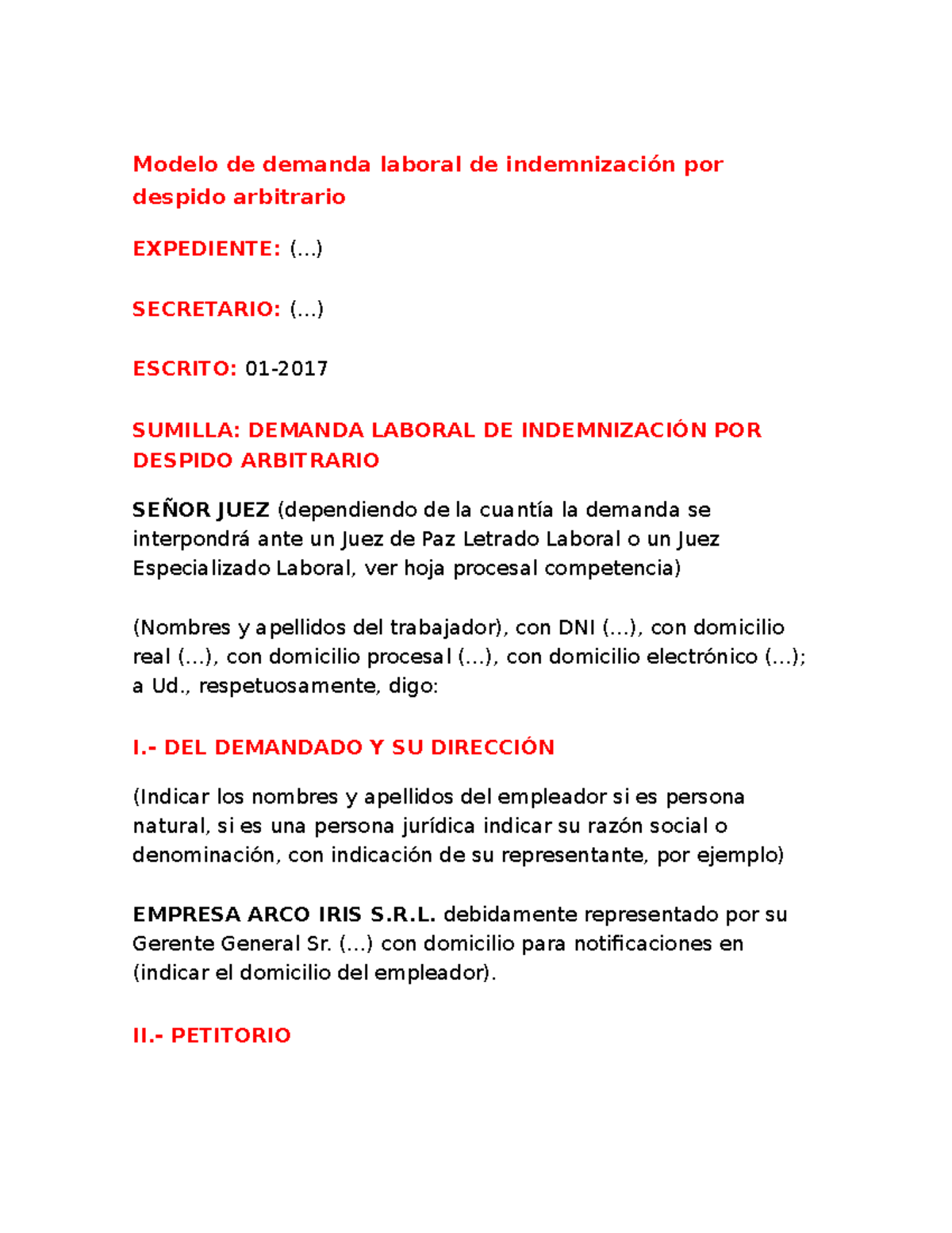 Modelo De Demanda Laboral Por Despido Arbitrario Modelo De Demanda