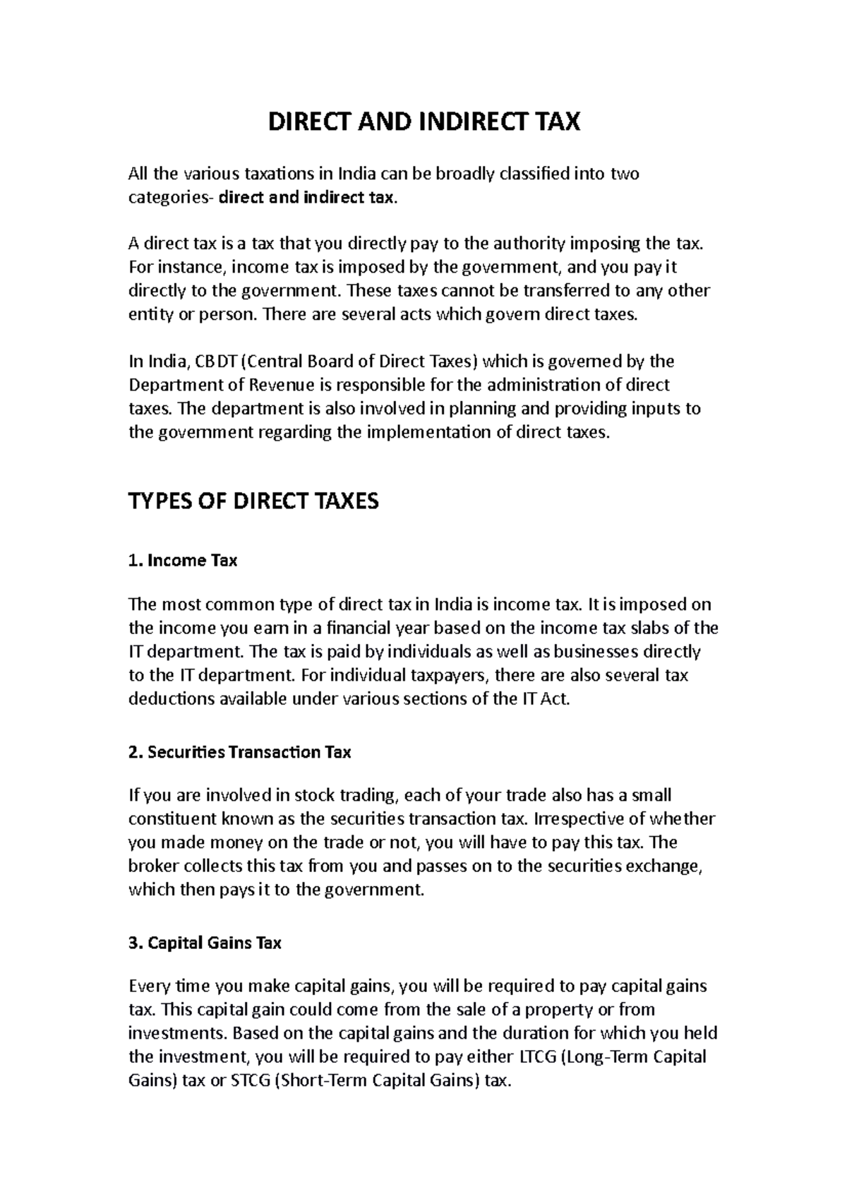 Direct And Indirect Tax Direct And Indirect Tax All The Various