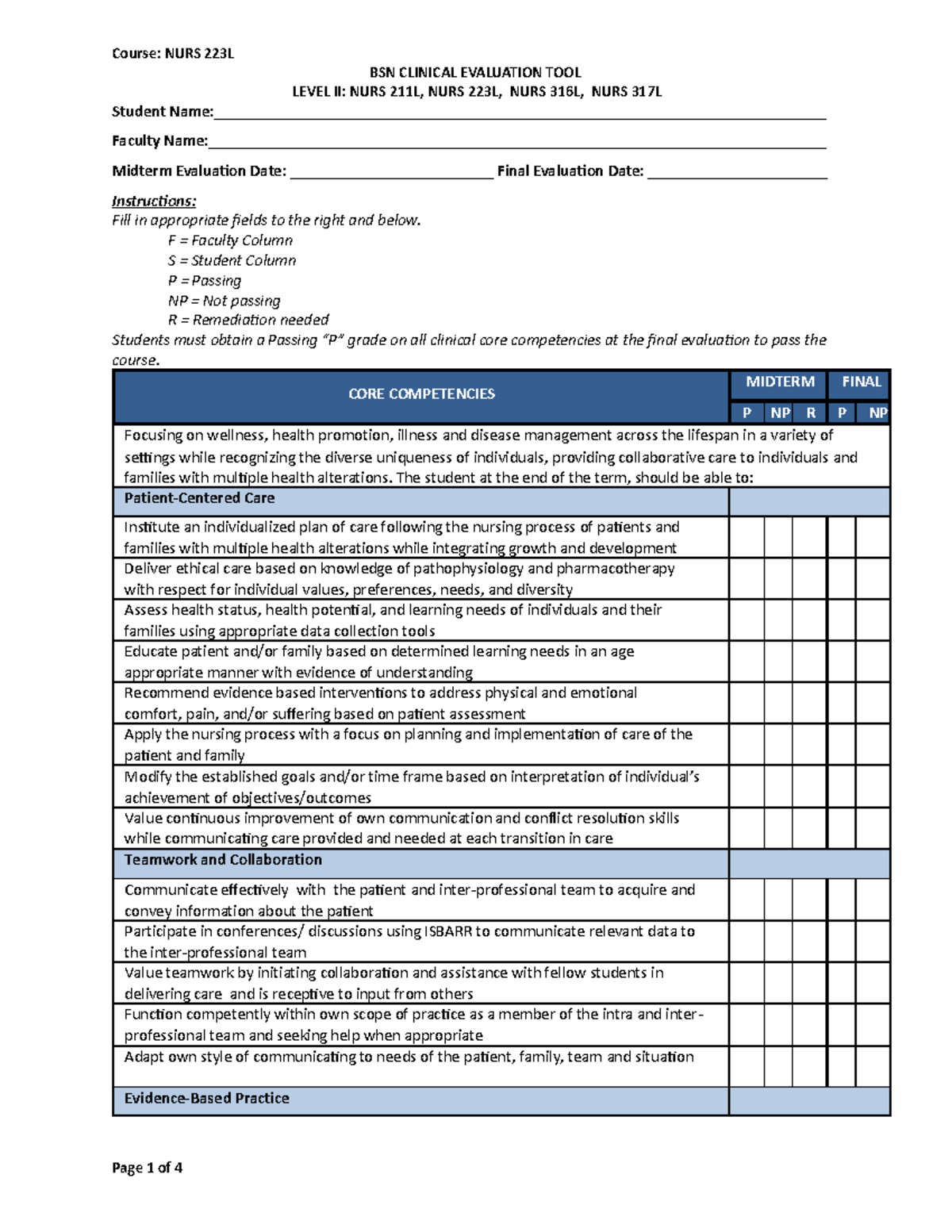 Nurs 223l Bsn Clinical Evaluation Tool Level Ii Bsn Clinical