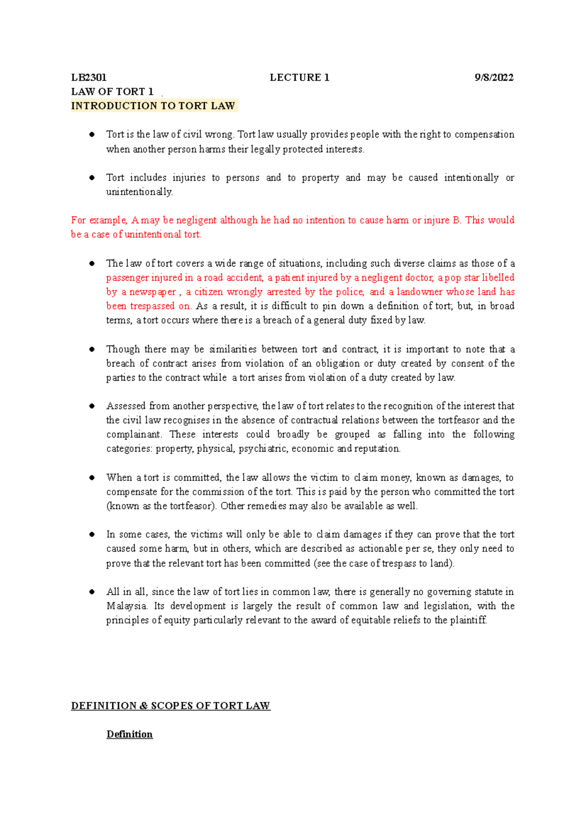 Lb2301 Tort Lecture 1 Lb2301 Lecture 1 98 Law Of Tort 1