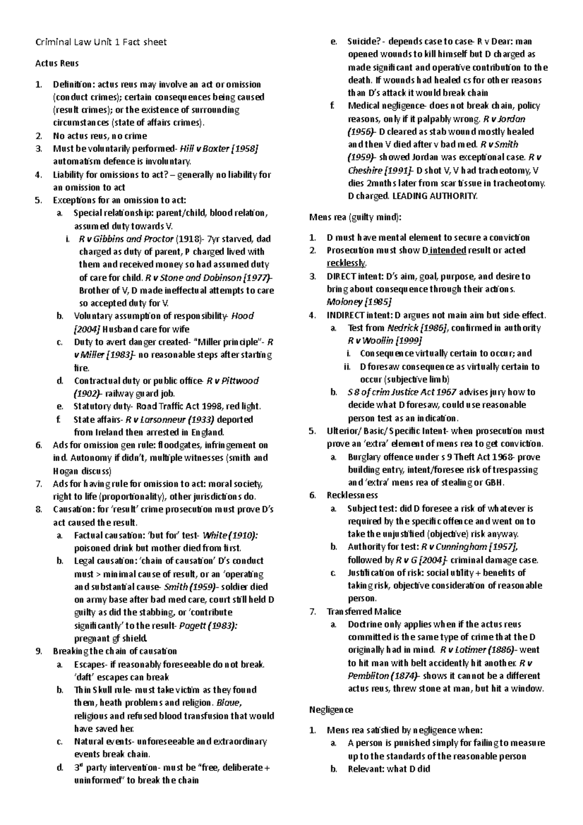 Criminal Law Unit 1 Fact Sheet Criminal Law Unit 1 Fact Sheet Actus