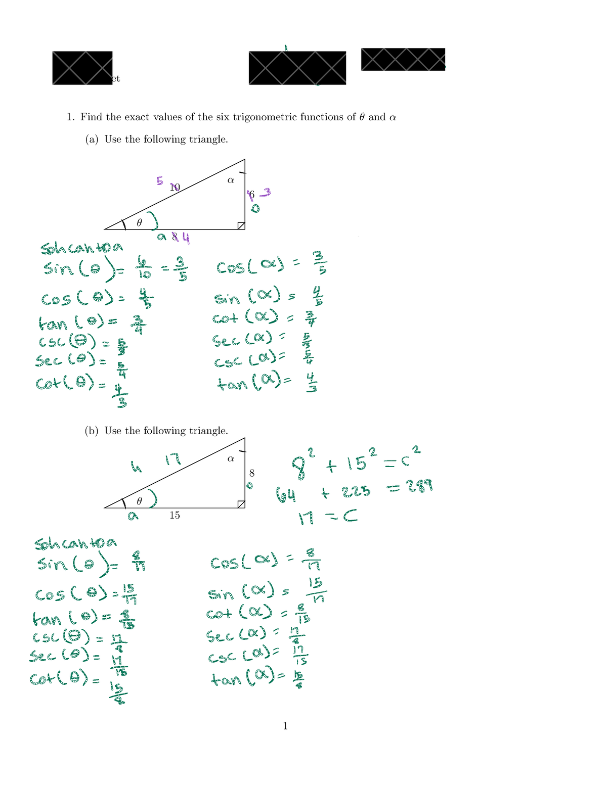 Worksheet For Trig Et Find The Exact Values Of The Six Trigonometric