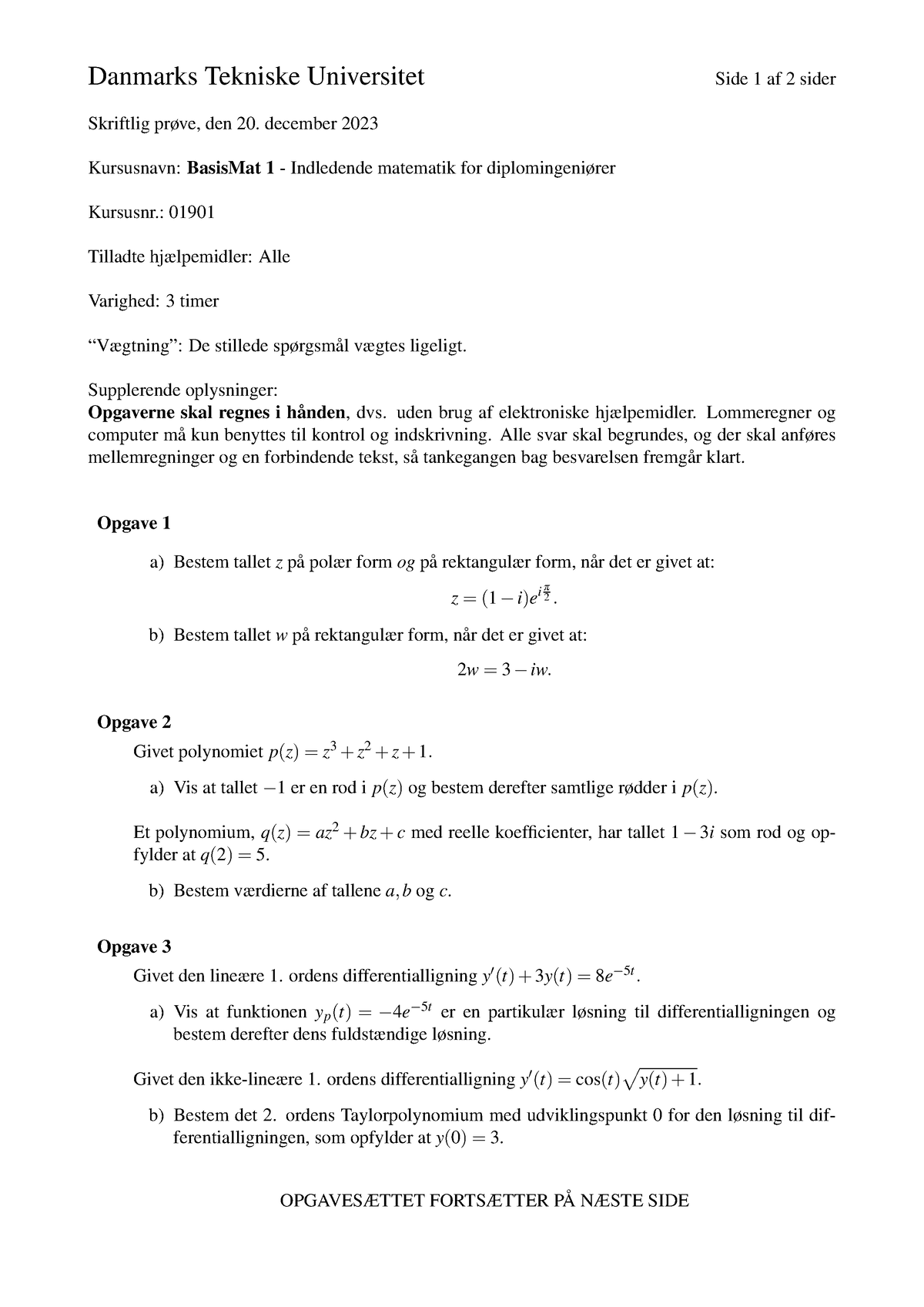 Eksamen Basis Mat 1 E23 Danmarks Tekniske Universitet Side 1 Af 2