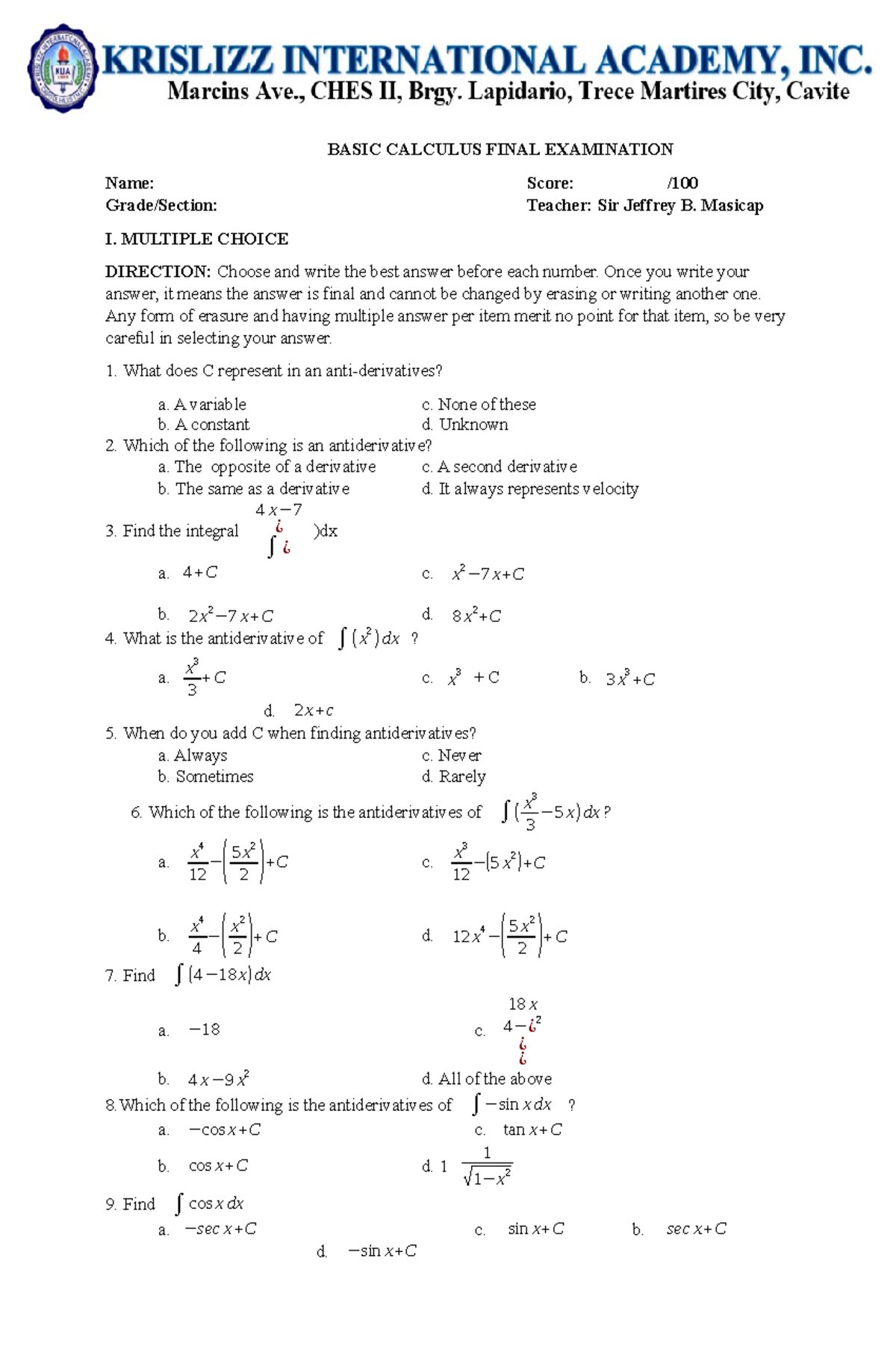 Final Examination In Basic Calculus Basic Calculus Final Examination