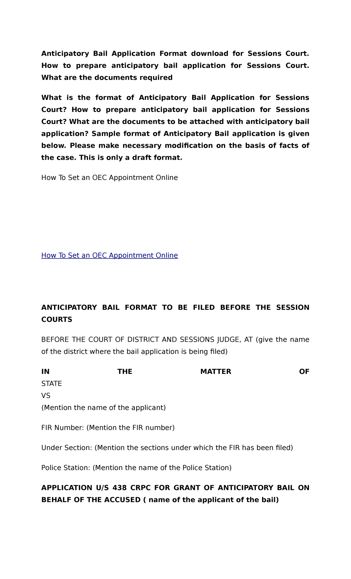 Anticipatory Bail Application Format Download For Sessions Court How