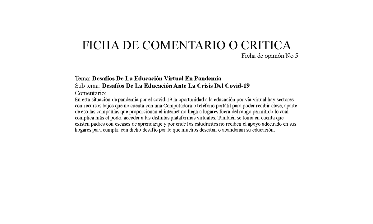 Ficha De Comentario O Critica Ficha De Comentario O Critica Ficha De