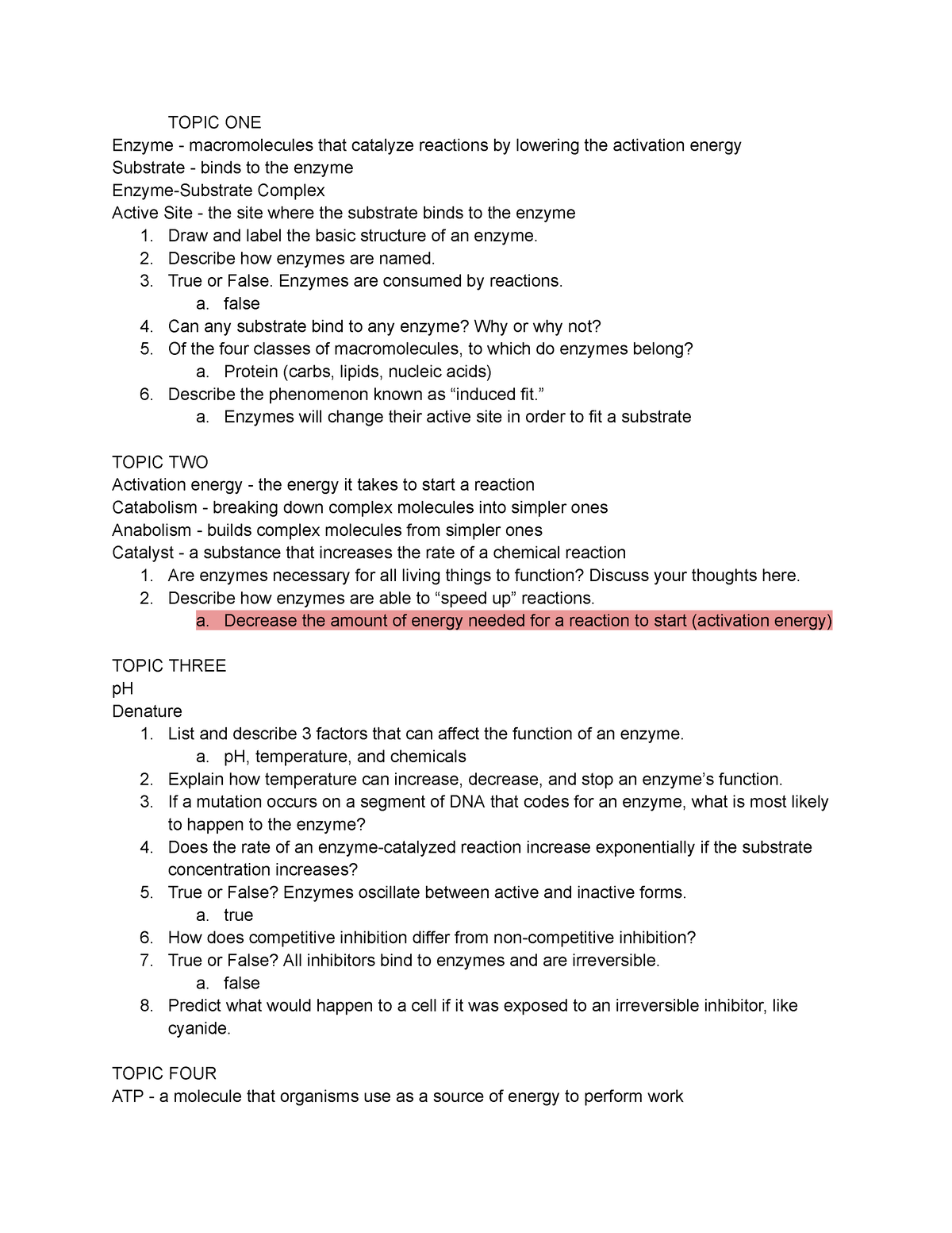 Ap Bio Unit 3 Quiz 1 Ap Bio Unit 3 Notes Topic One Enzyme