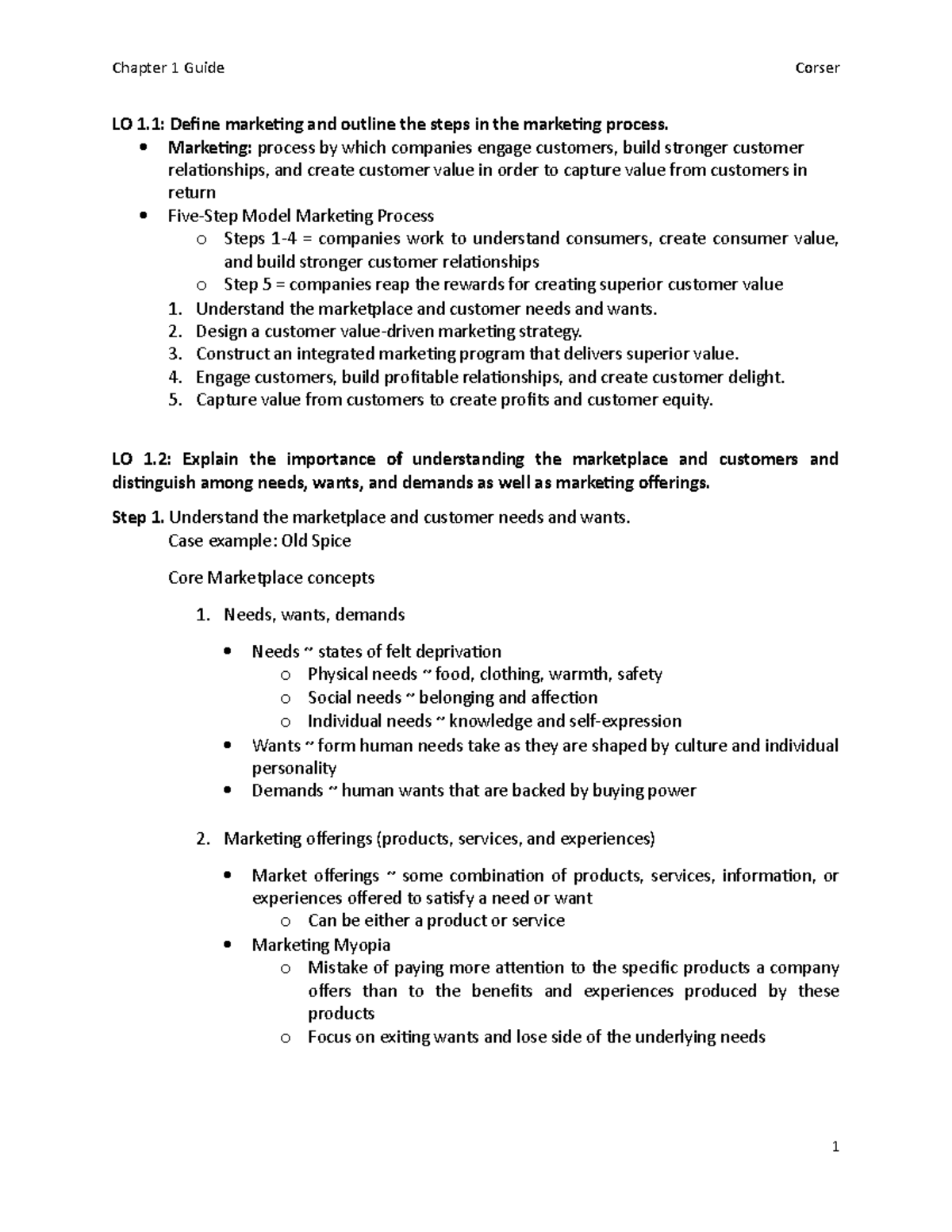 Chapter 1 Lecture Notes Definition Of Marketing Lo 1 Define