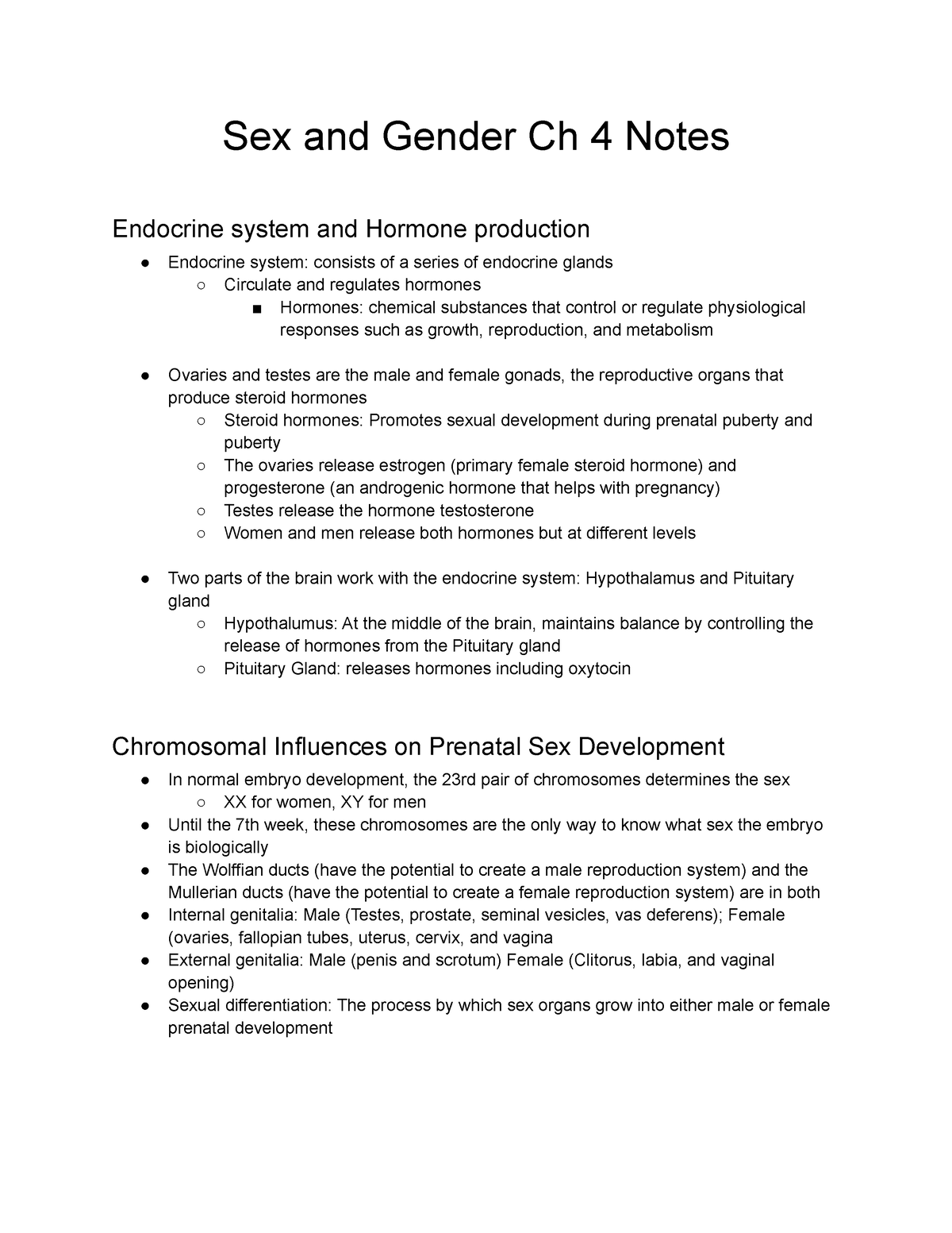 Sex And Gender Ch 4 Notes Sex And Gender Ch 4 Notes Endocrine System