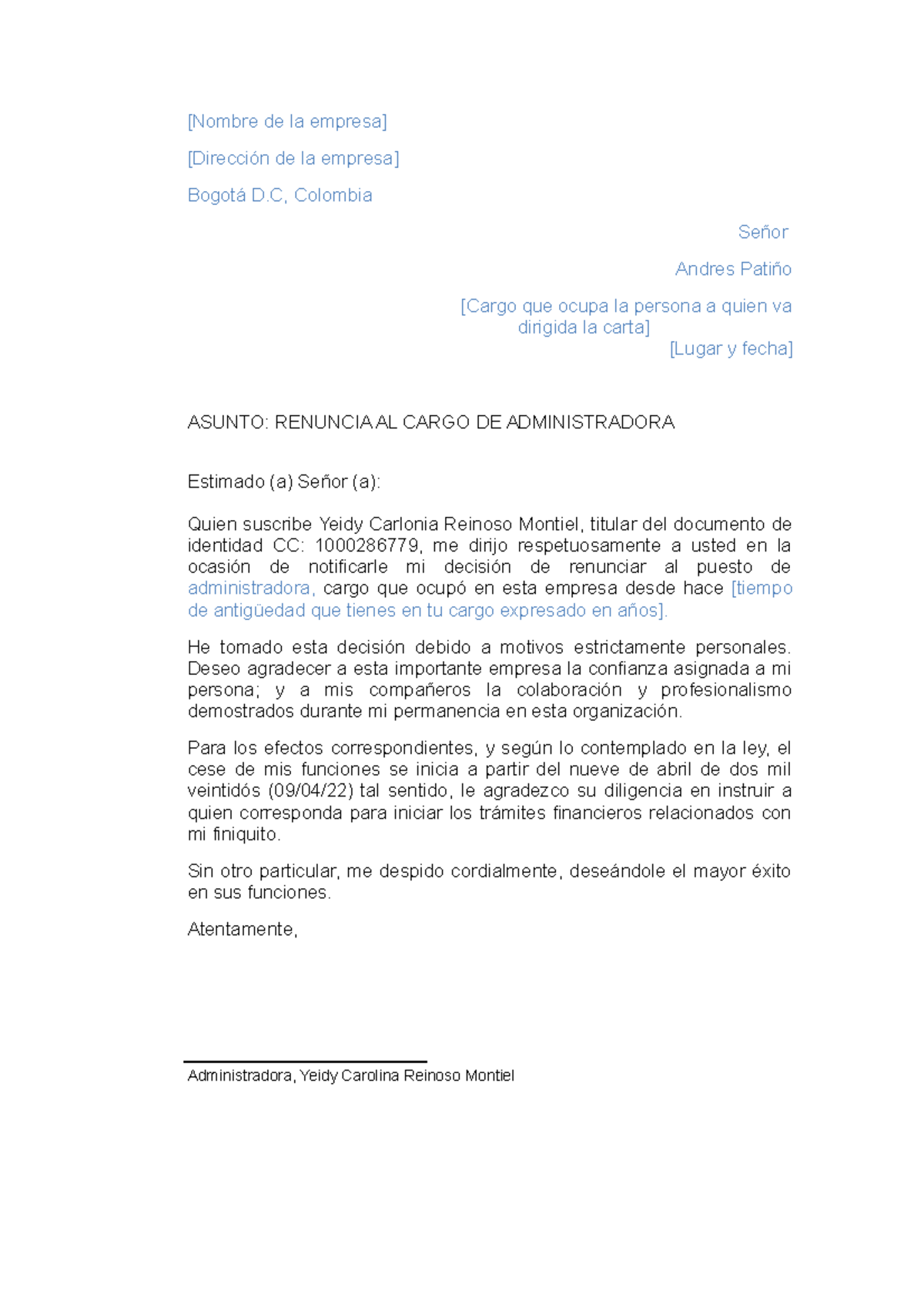 1 2 Modelo De Carta De Renuncia Voluntaria 14 Nombre De La Empresa