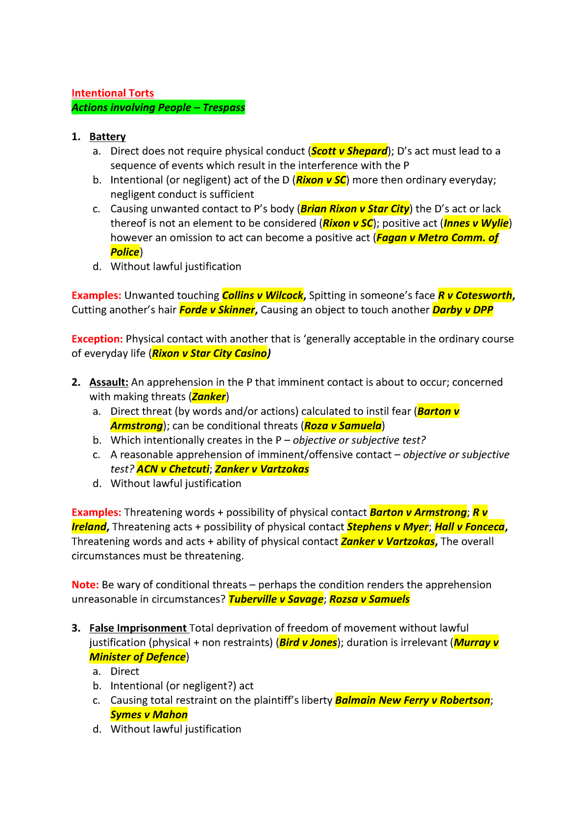 Torts Notes Complete Intentional Torts Actions Involving People