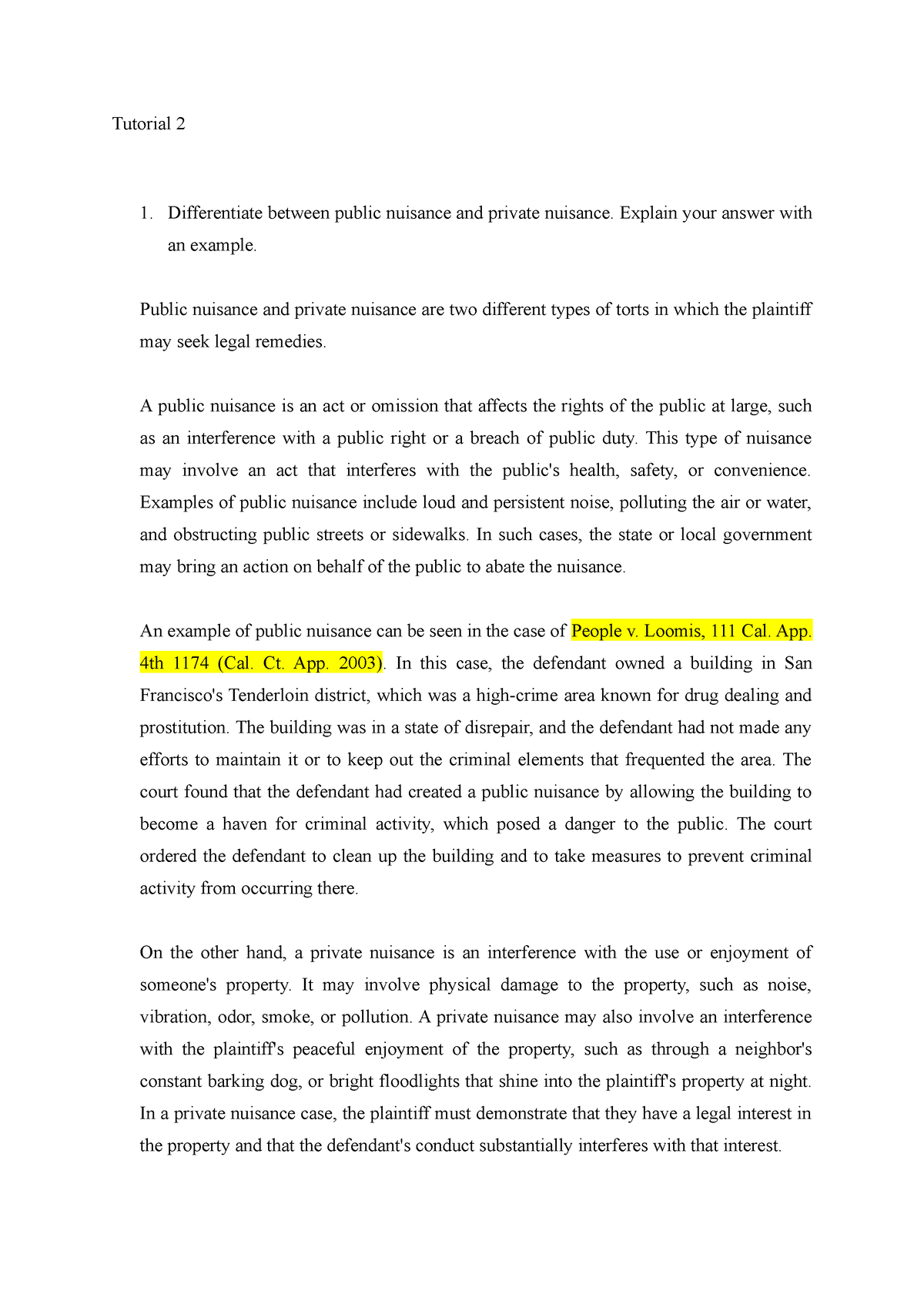 Law Of Torts Week 3 Tutorial 2 Differentiate Between Public Nuisance