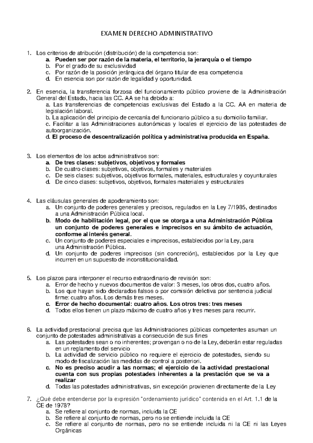 Examen Administrativo Tipo Test Examen Derecho Administrativo Los