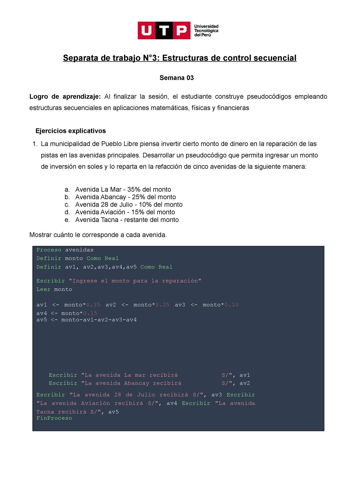 Ejercicios Algoritmo Separata De Trabajo N°3 Estructuras De Control