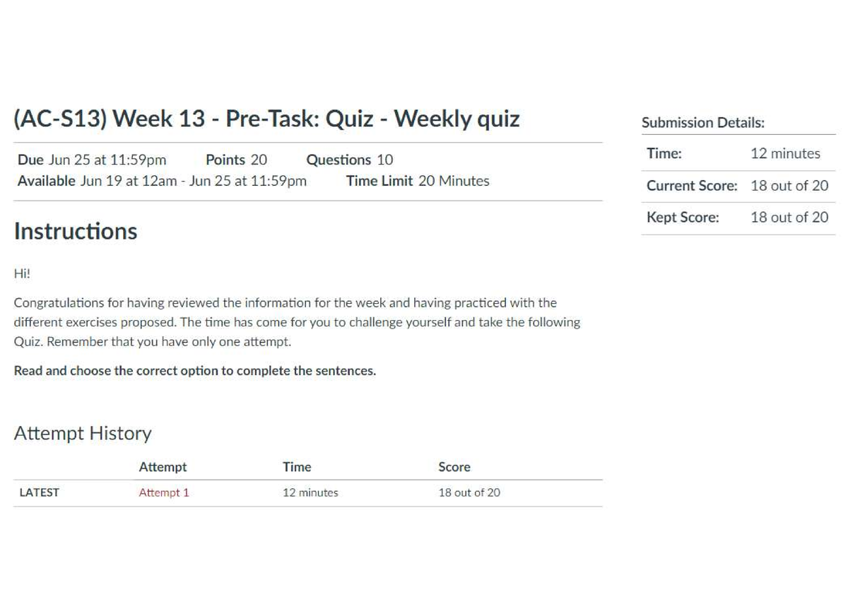 Ac S13 Week 13 Pre Task Quiz Weekly Quiz Ingles Iii Utp Studocu