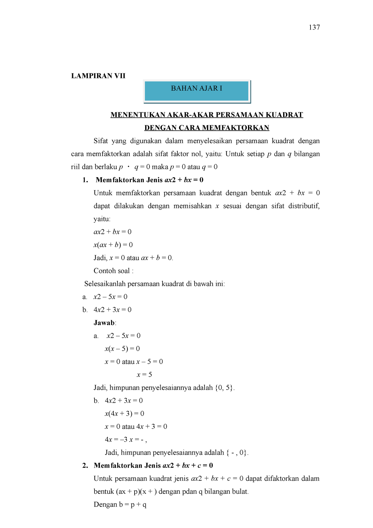 1 Bahan Ajar 1 Lampiran Vii Menentukan Akar Akar Persamaan Kuadrat