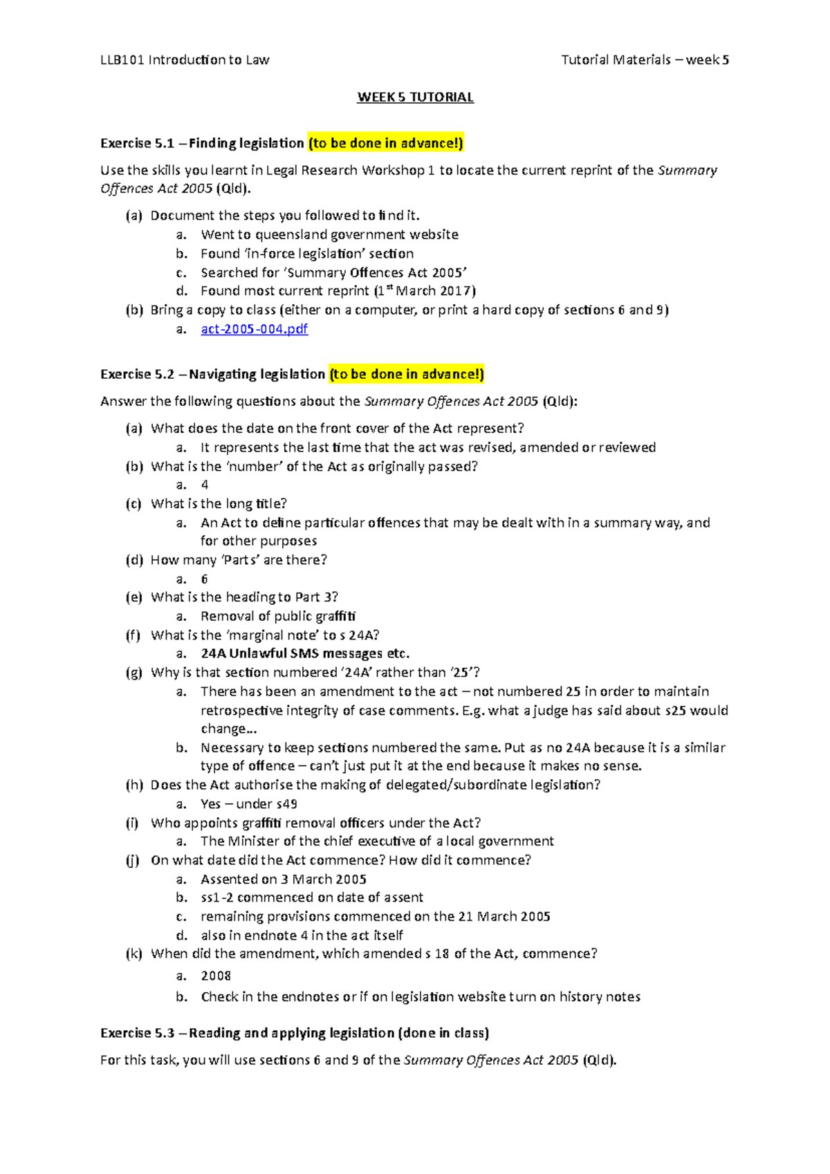 Llb101 Week 5 Tutorial Answers Llb101 Introduction To Law Tutorial