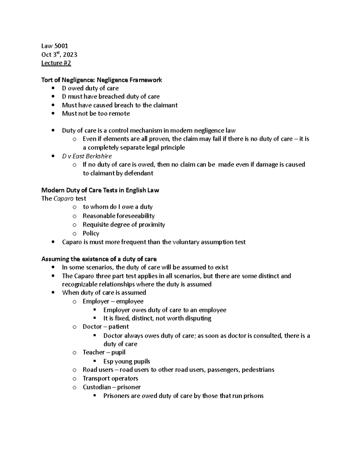 Law 5001 Lecture 2 Law 5001 Oct 3rd 2023 Lecture Tort Of