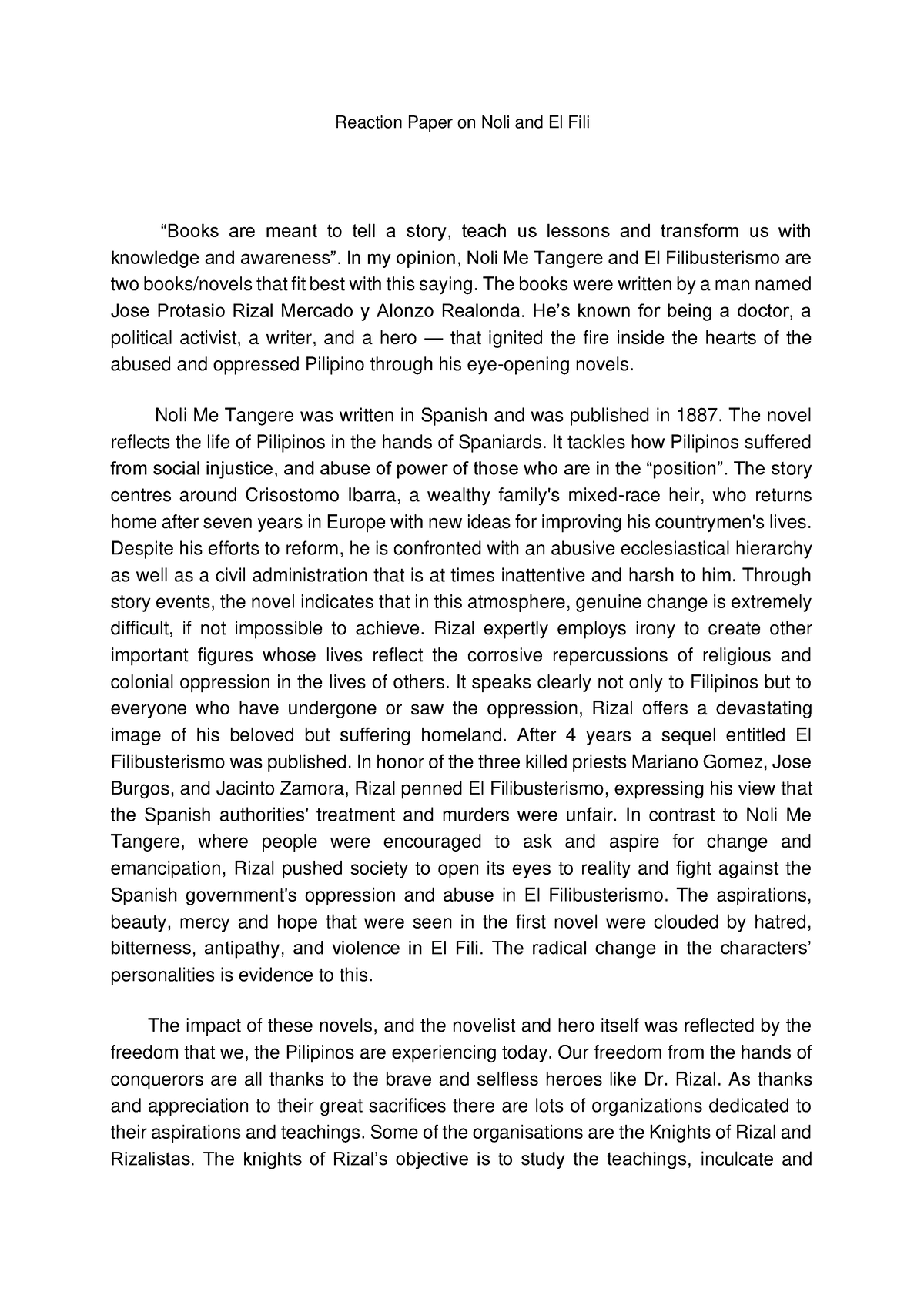 Noli And Fili Reaction Paper Reaction Paper On Noli And El Fili