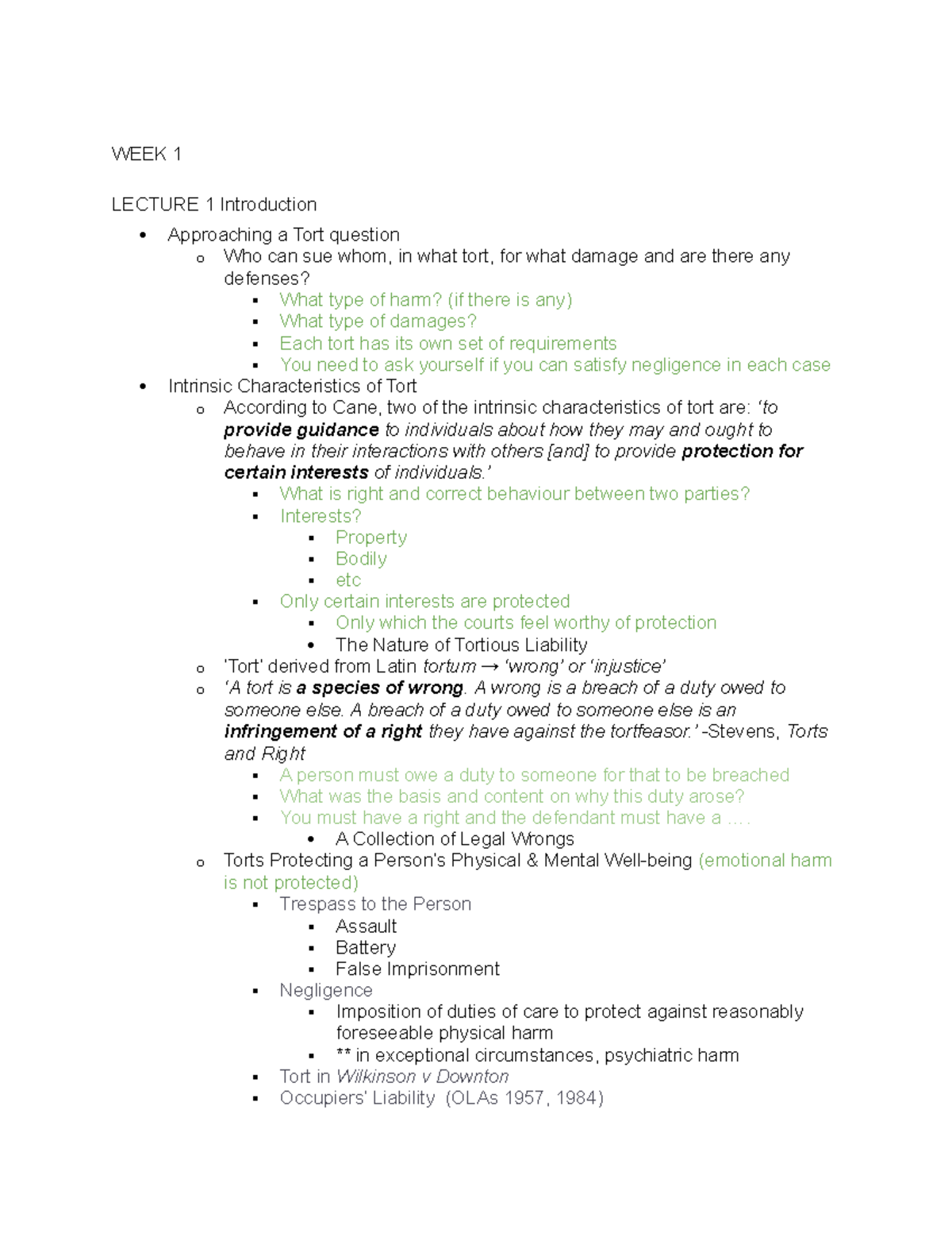 Tort Law Week 1 Lecture 1 Of Week 1 Notes Week 1 Lecture 1